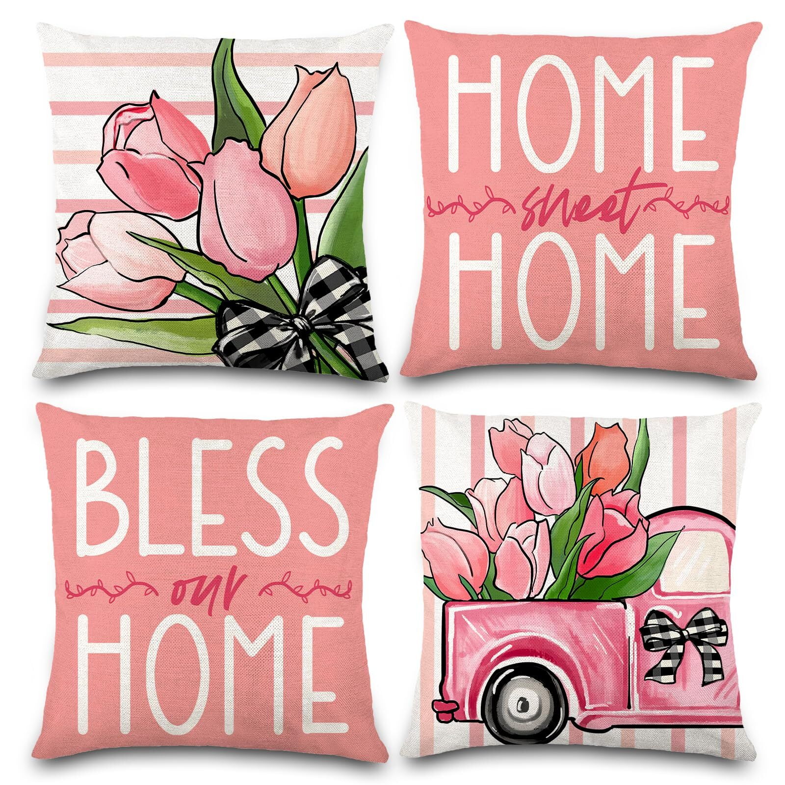 Brythos Set of 4 18x18 Inch Spring Pillow Covers – Pink Flower & Car ...