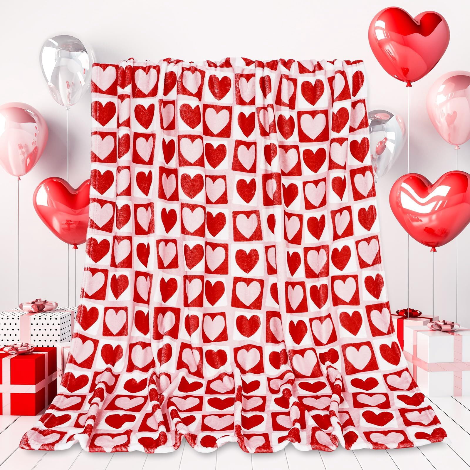Brythos Valentine's Day Red Pink Heart Plaid Flannel Throw Blanket ...