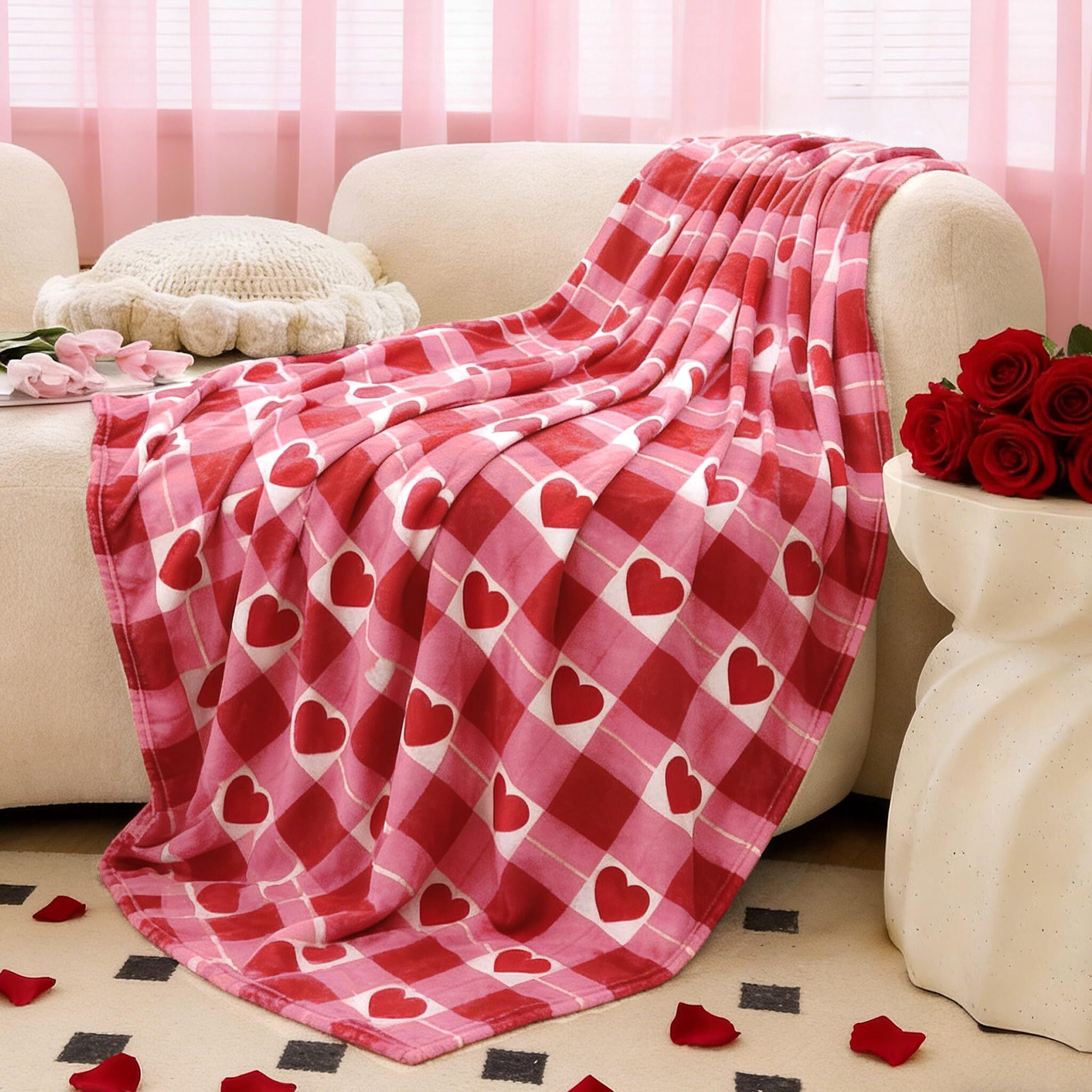 Brythos Valentine's Day Red Pink Love Heart Plaid Flannel Throw Blanket ...