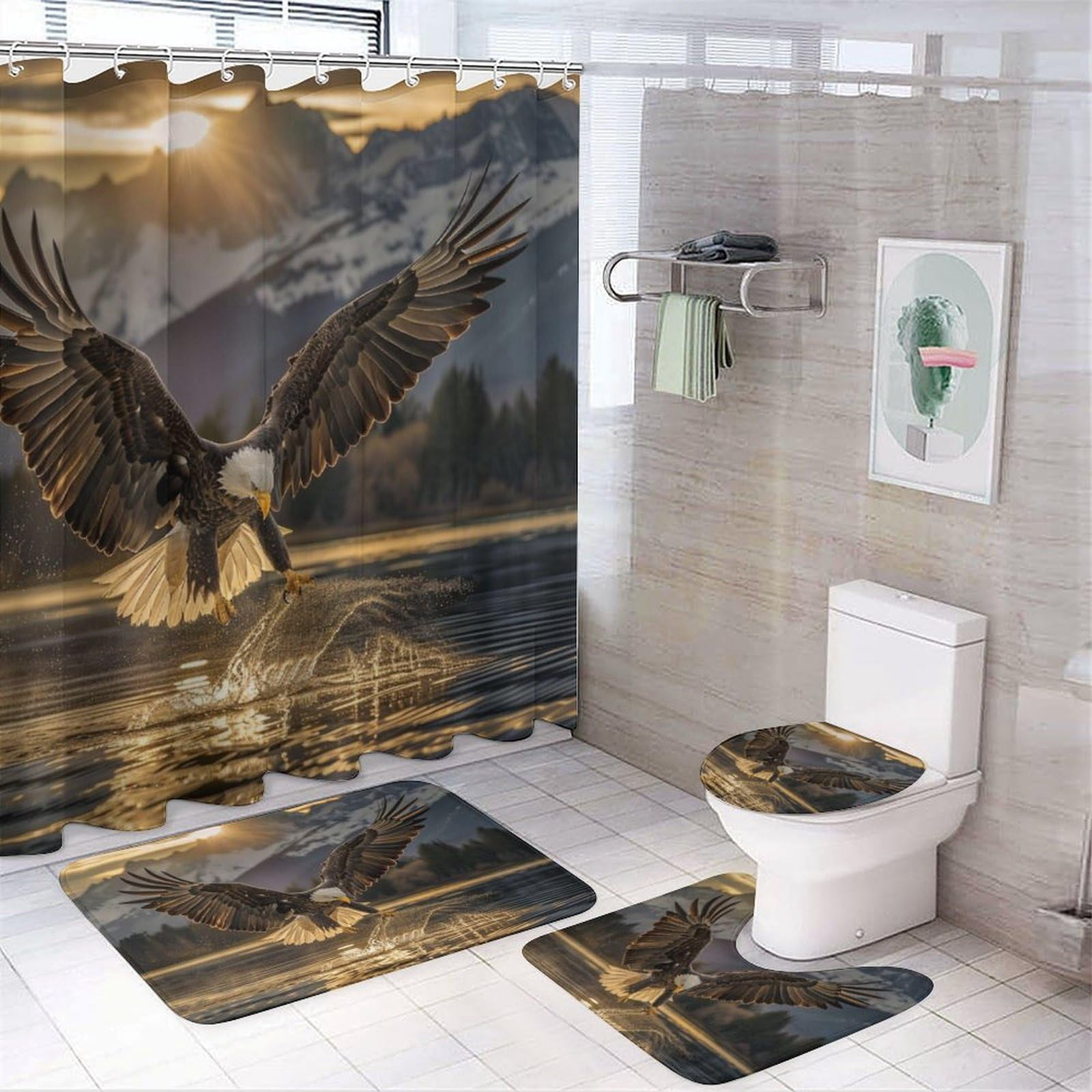 Brythos Wild Eagle River 4-Piece Shower Curtain Set – Bathroom Decor ...