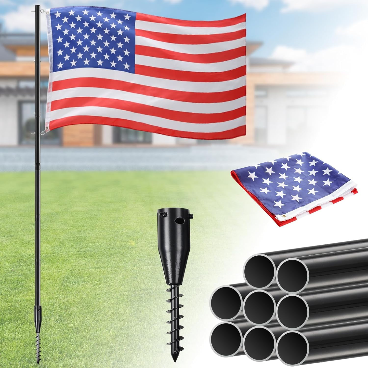 BsBsBest 10ft Garden Flagpole with Ground Stake -Include 3x5 Flag ...