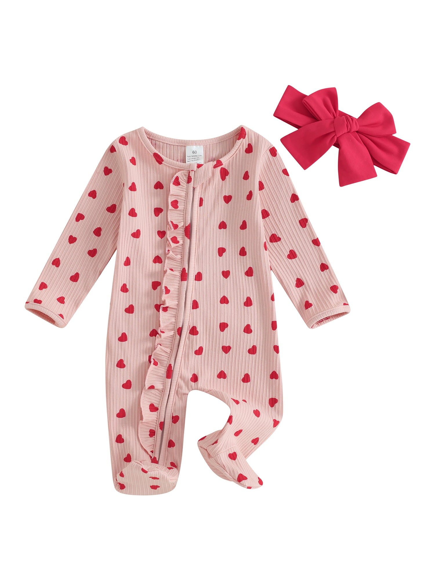 Bslissey Baby Girl Valentine's Day Footie Romper Infant Girl Heart Print Long Sleeve Ruffle ...