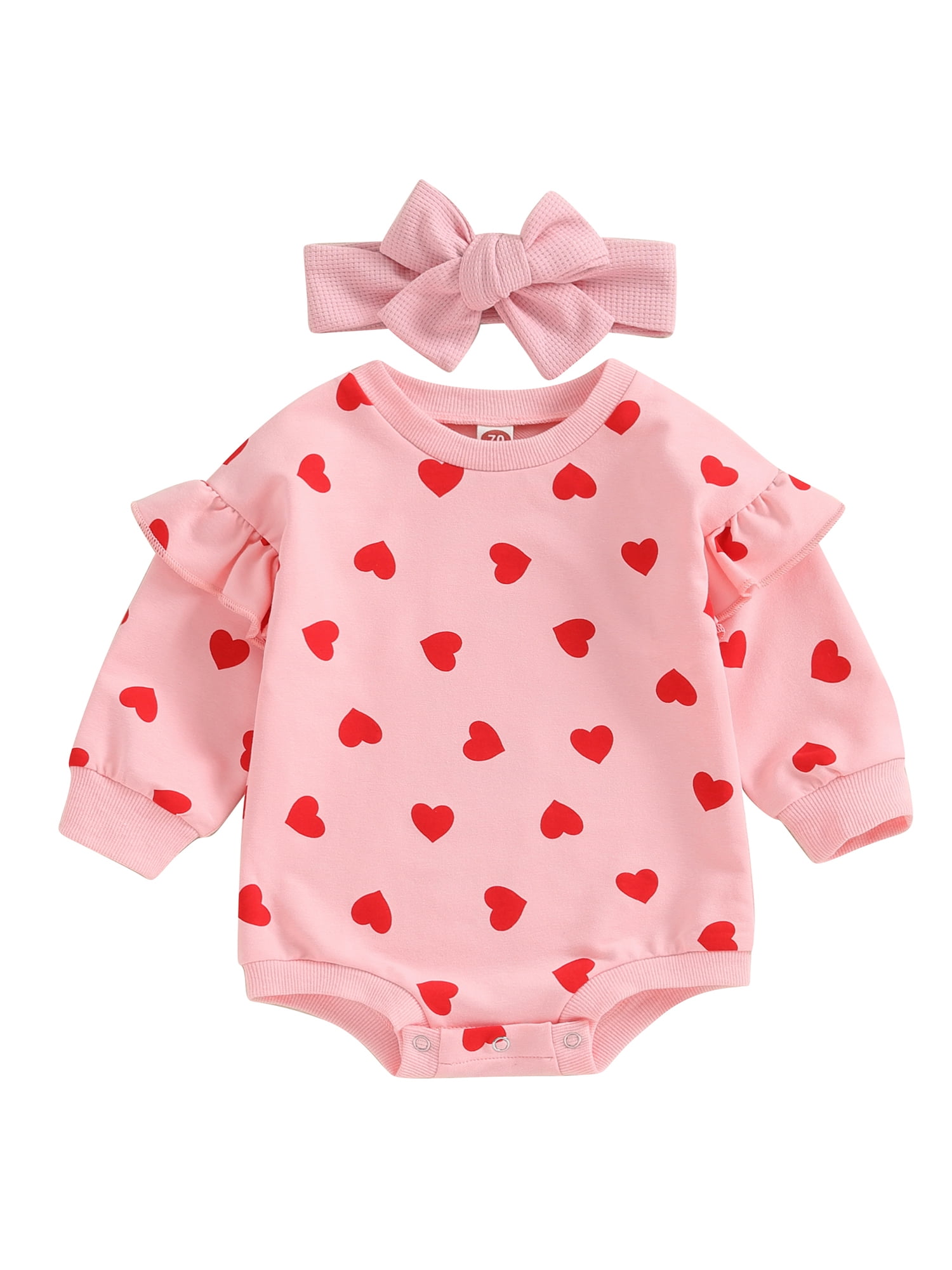 Bslissey Baby Girl Valentine's Day Outfits Heart Print Ruffle Long Sleeve Crew Neck Bodysuit ...