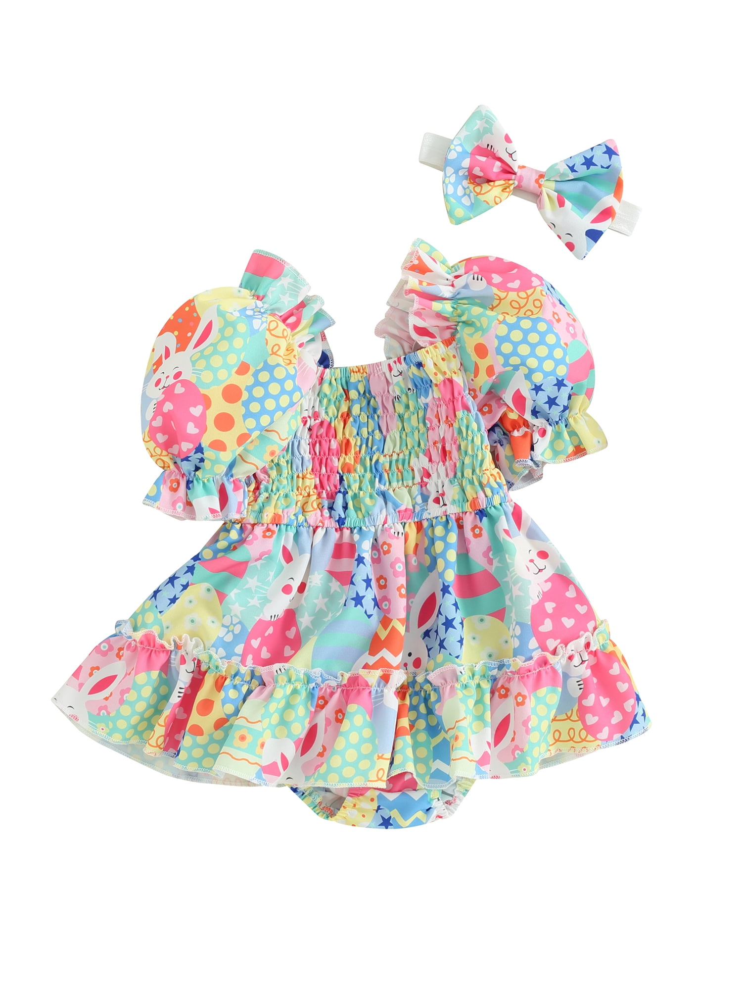 Bslissey Baby Girls Easter Romper Dress Bunny Floral Print Short Puff ...