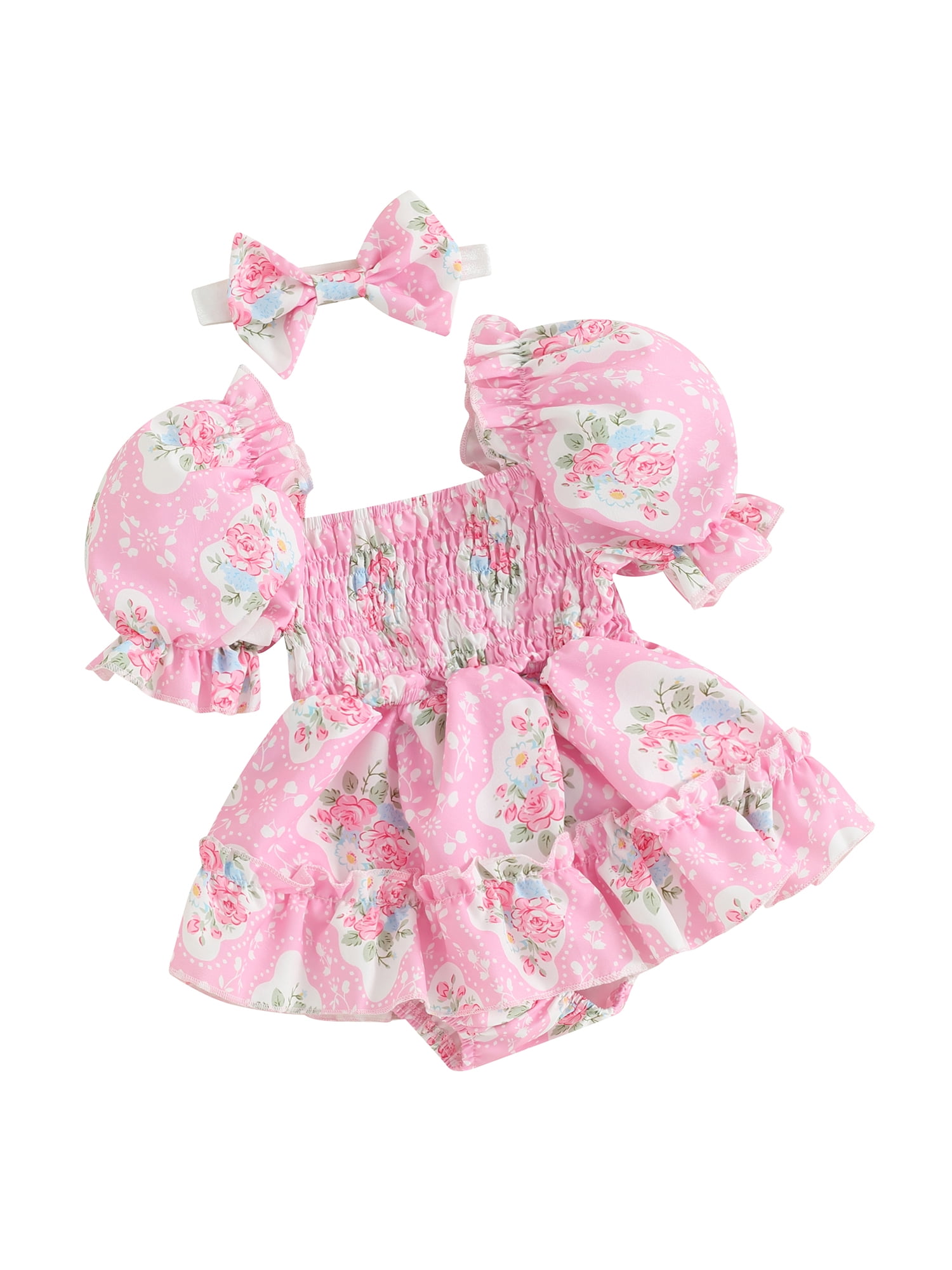 Bslissey Baby Girls Easter Romper Dress Bunny Floral Print Short Puff ...