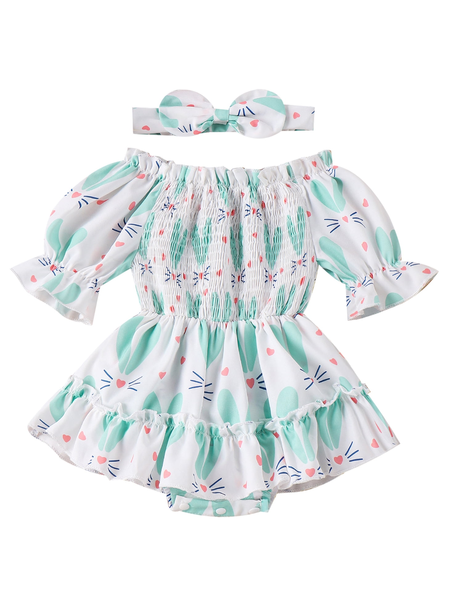 Bslissey Baby Girls Easter Romper Dress Bunny Print Short Sleeve Boat Neck Ruched Skirt Hem ...