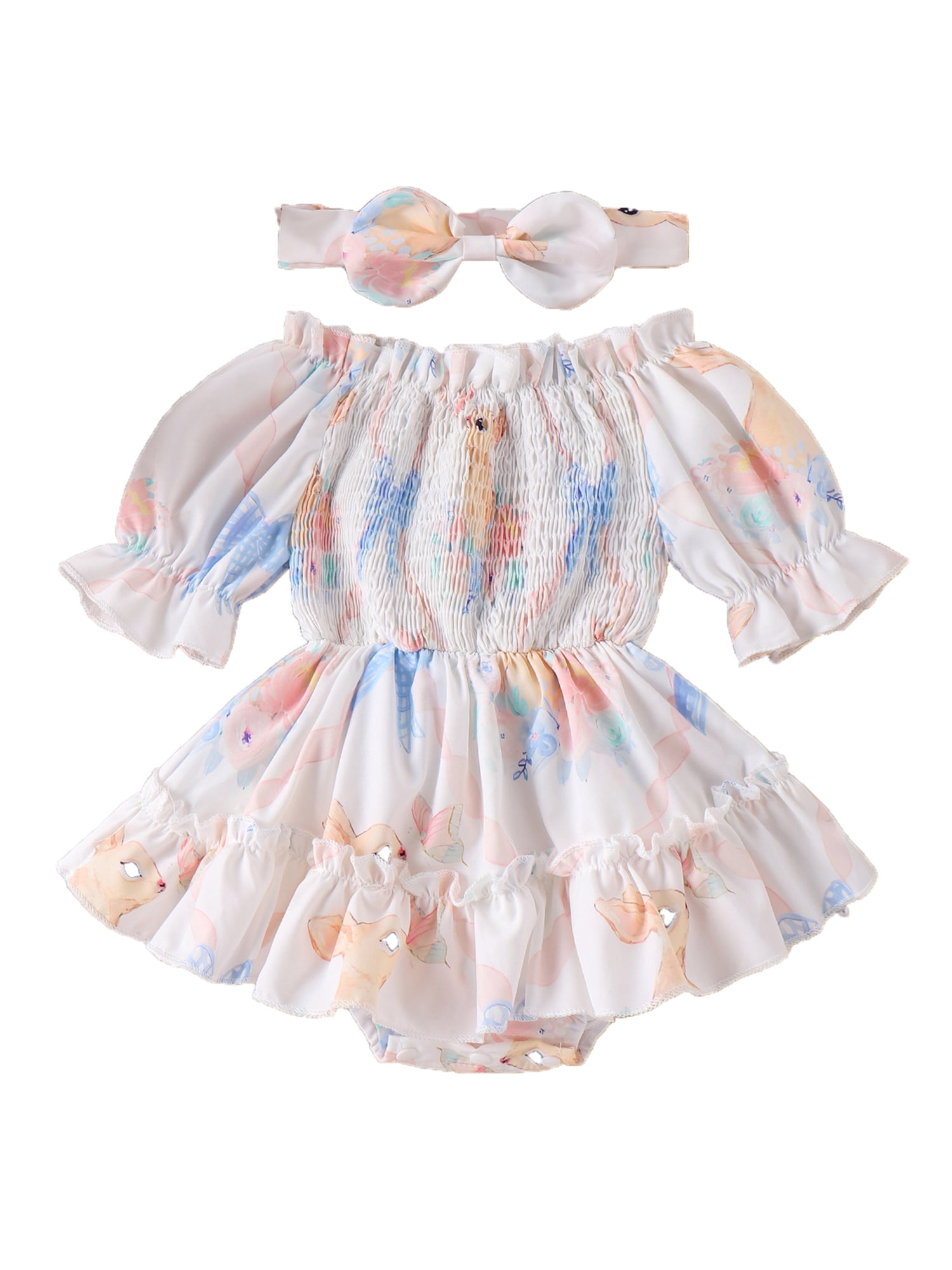 Bslissey Baby Girls Easter Romper Dress Bunny Print Short Sleeve Boat Neck Ruched Skirt Hem ...