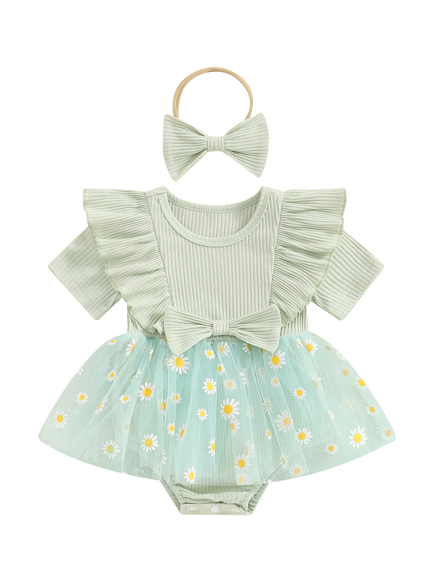 Bslissey Baby Girls Summer Romper Dress Ruffles Short Sleeve Daisy Print Mesh Hem Jumpsuit ...