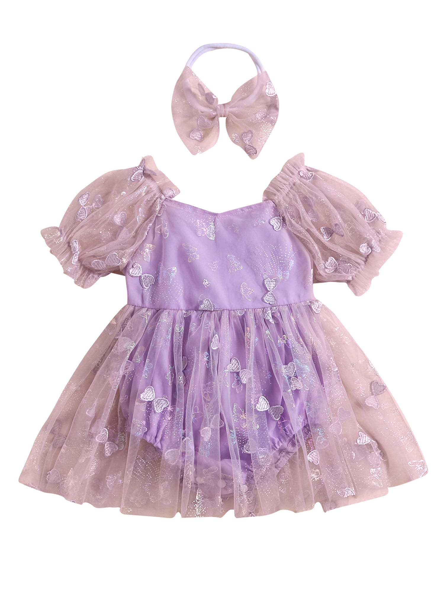 Bslissey Baby Girls Sweet Romper Dress Short Puff Sleeve 3D Butterfly Embroidery Mesh Skirt Hem ...