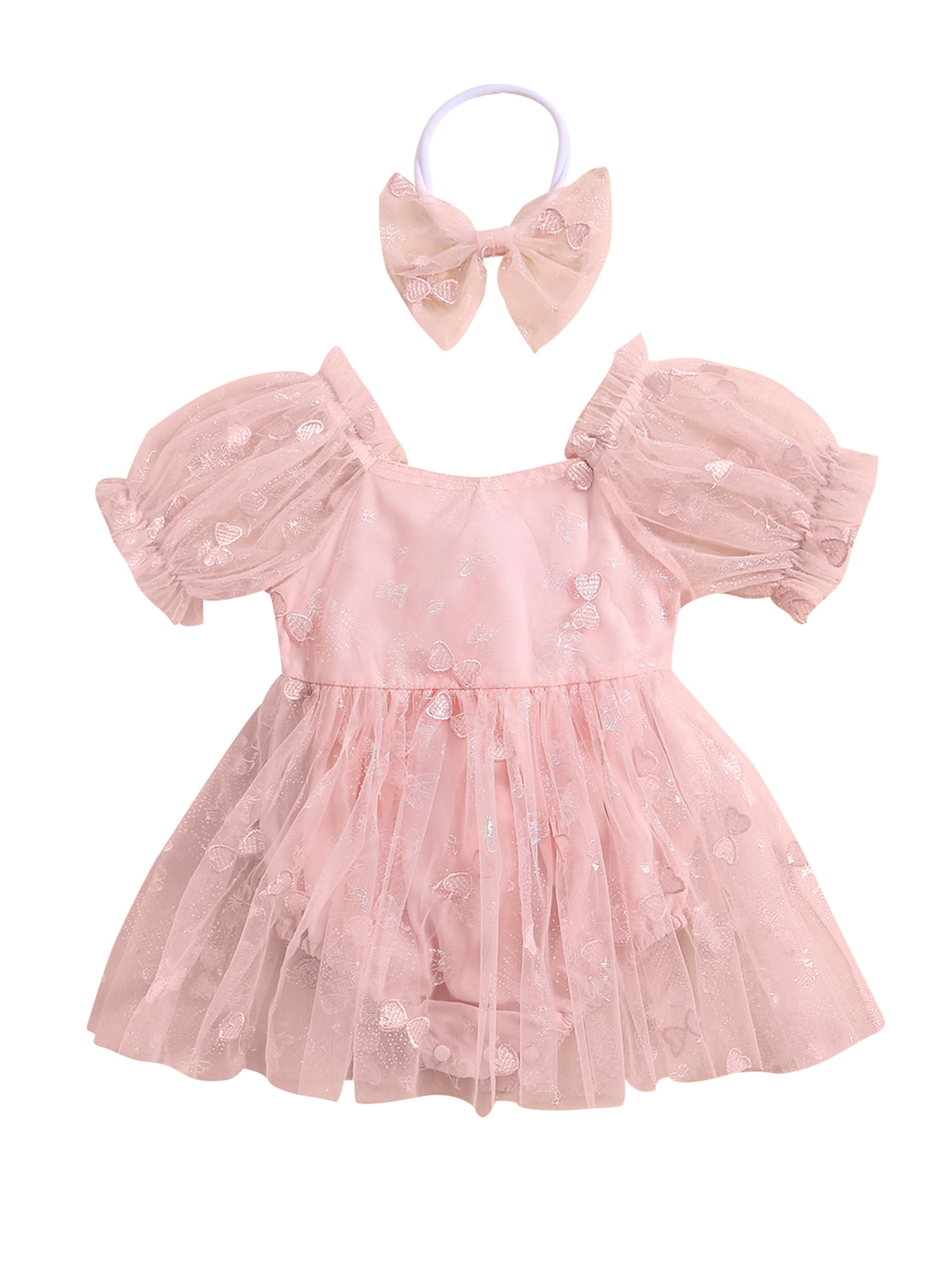 Bslissey Baby Girls Sweet Romper Dress Short Puff Sleeve 3D Butterfly Embroidery Mesh Skirt Hem ...