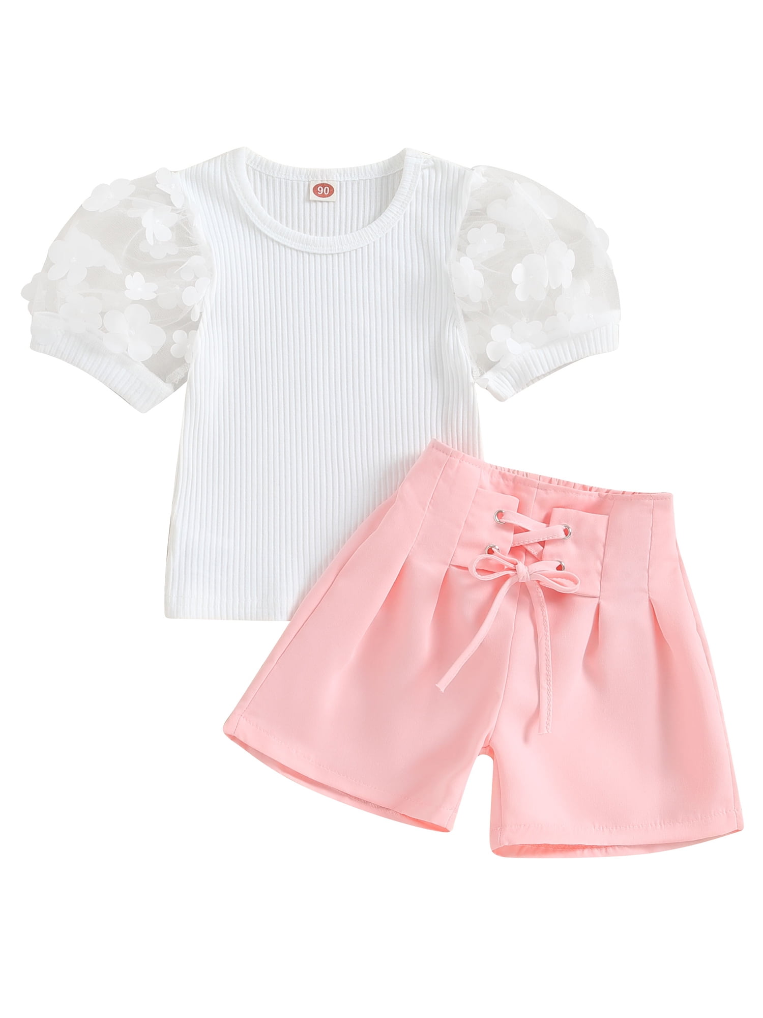 Bslissey Little Girl Shorts Sets Mesh Short Puff Sleeve Crew Neck ...