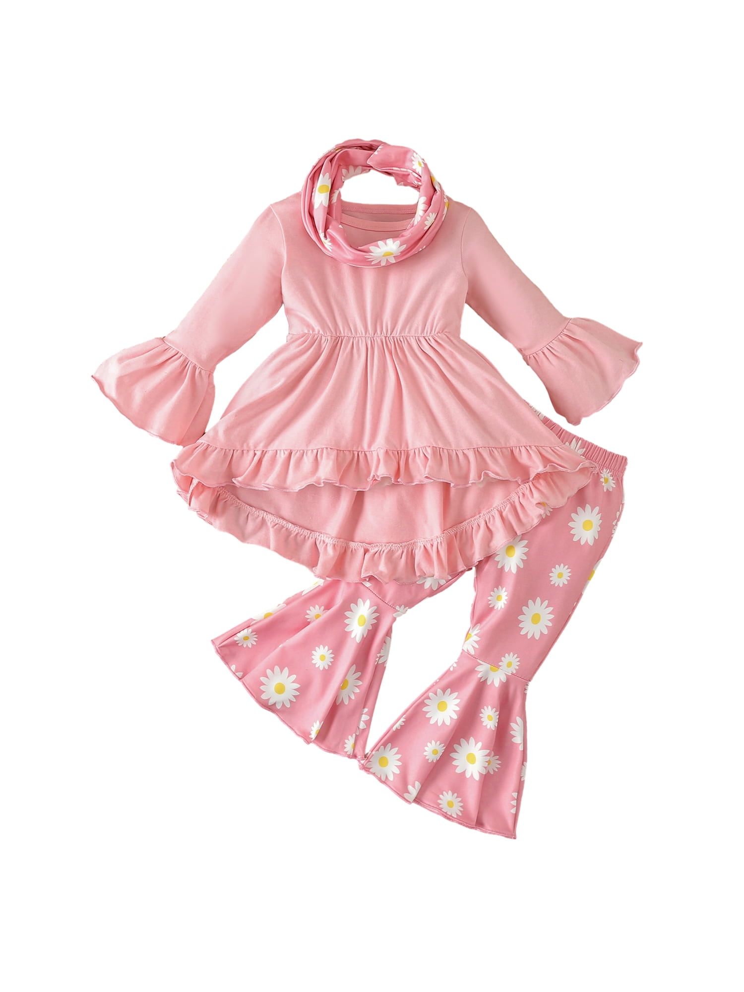 Bslissey Little Girls Pants Sets Long Sleeve Ruffled A-line T-shirt ...