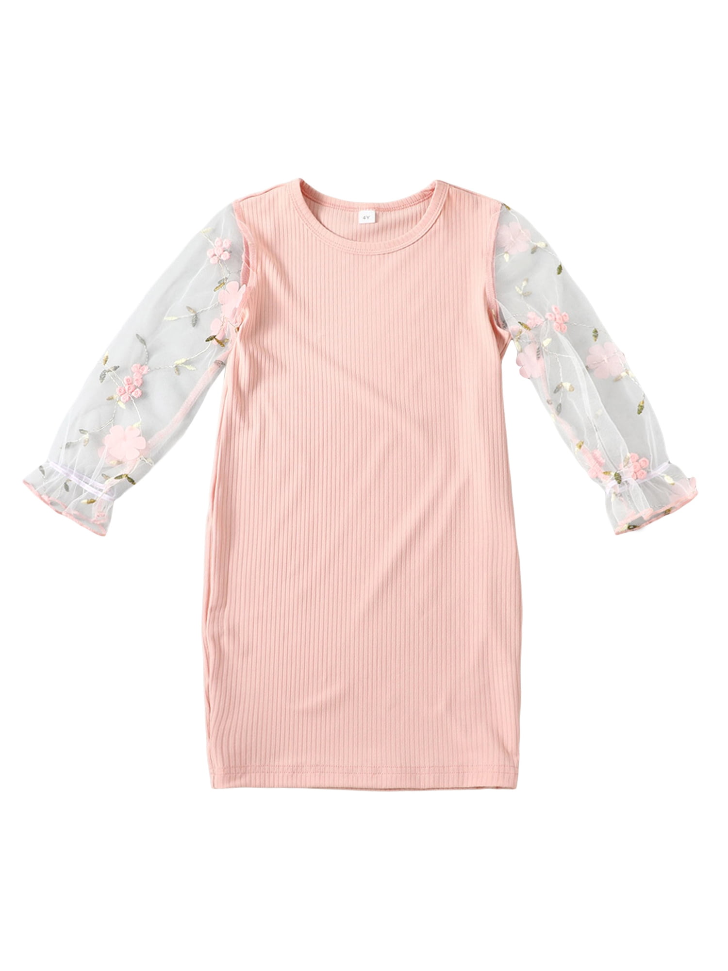 Bslissey Little Girls Patchwork Dress Mesh Flower Pattern Long Sleeve ...