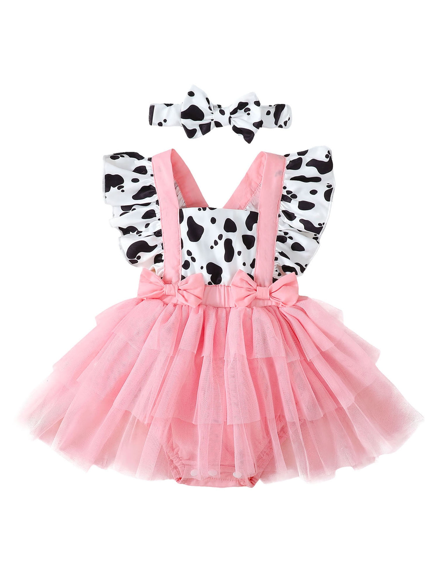 Bslissey Newborn Baby Girls Romper Dress Cow Print Flying Sleeve Tulle Patchwork Bodysuit with ...