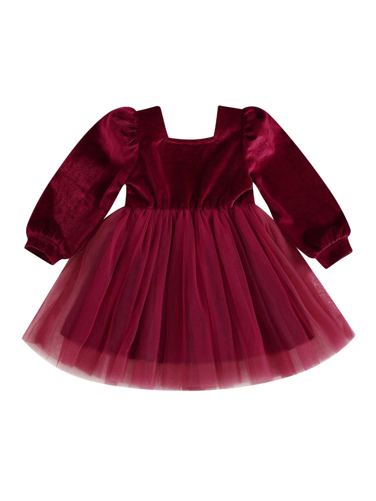 Bslissey Toddler Baby Girls Velvet Patchwork Dress Solid Color Long Puff Sleeve Puffy Tulle A ...