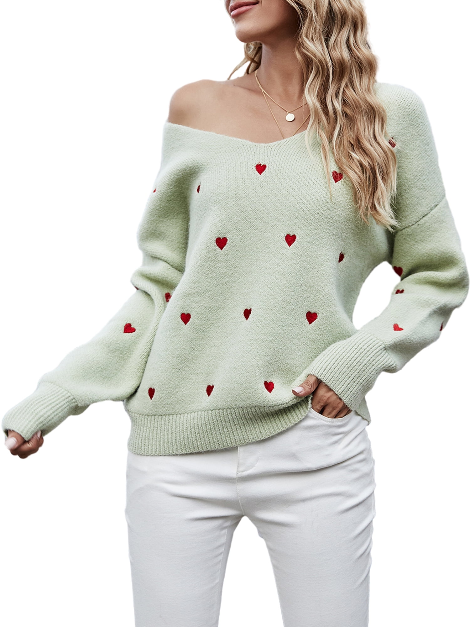 Bslissey Women's Knit Sweater Heart Print V-neck Loose Pullovers Casual ...