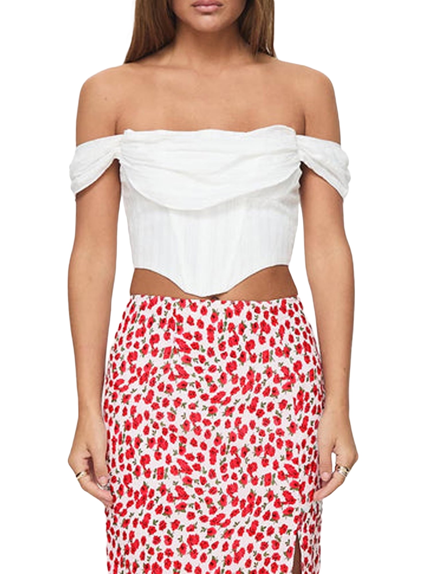 Bslissey Women's Strapless Crop Tops Solid Color Pointed Hem Slim Show ...