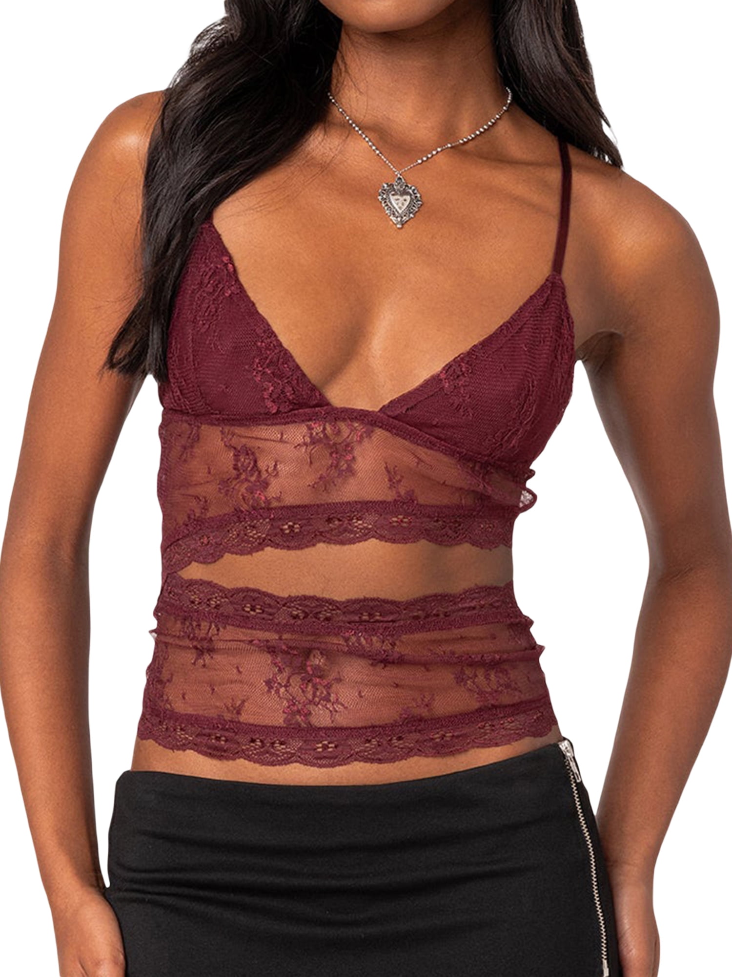 Bslissey Women's Summer Sheer Camisole Sleeveless Mesh Lace Floral Spaghetti Strap Vest Ladies ...