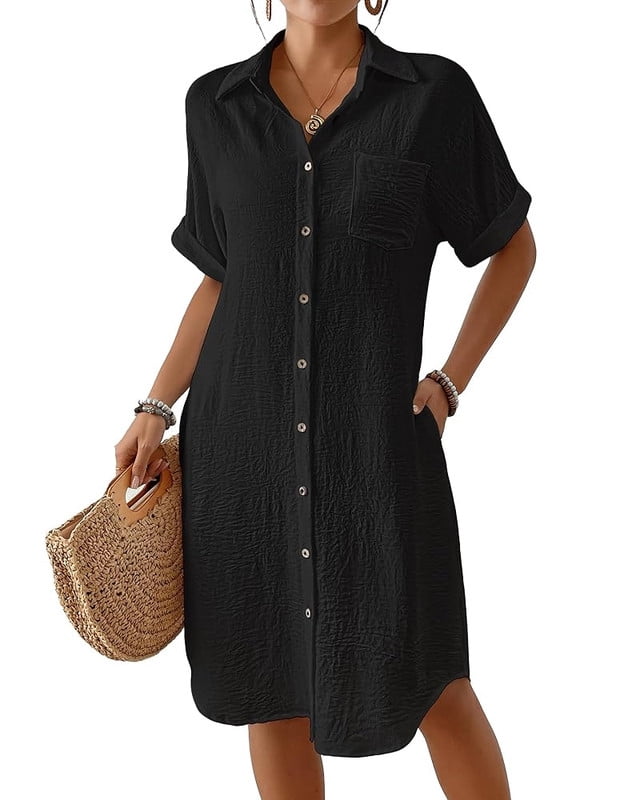 Bsubseach Fashion Polyester Collared Rolled Short Sleeve Button Down ...