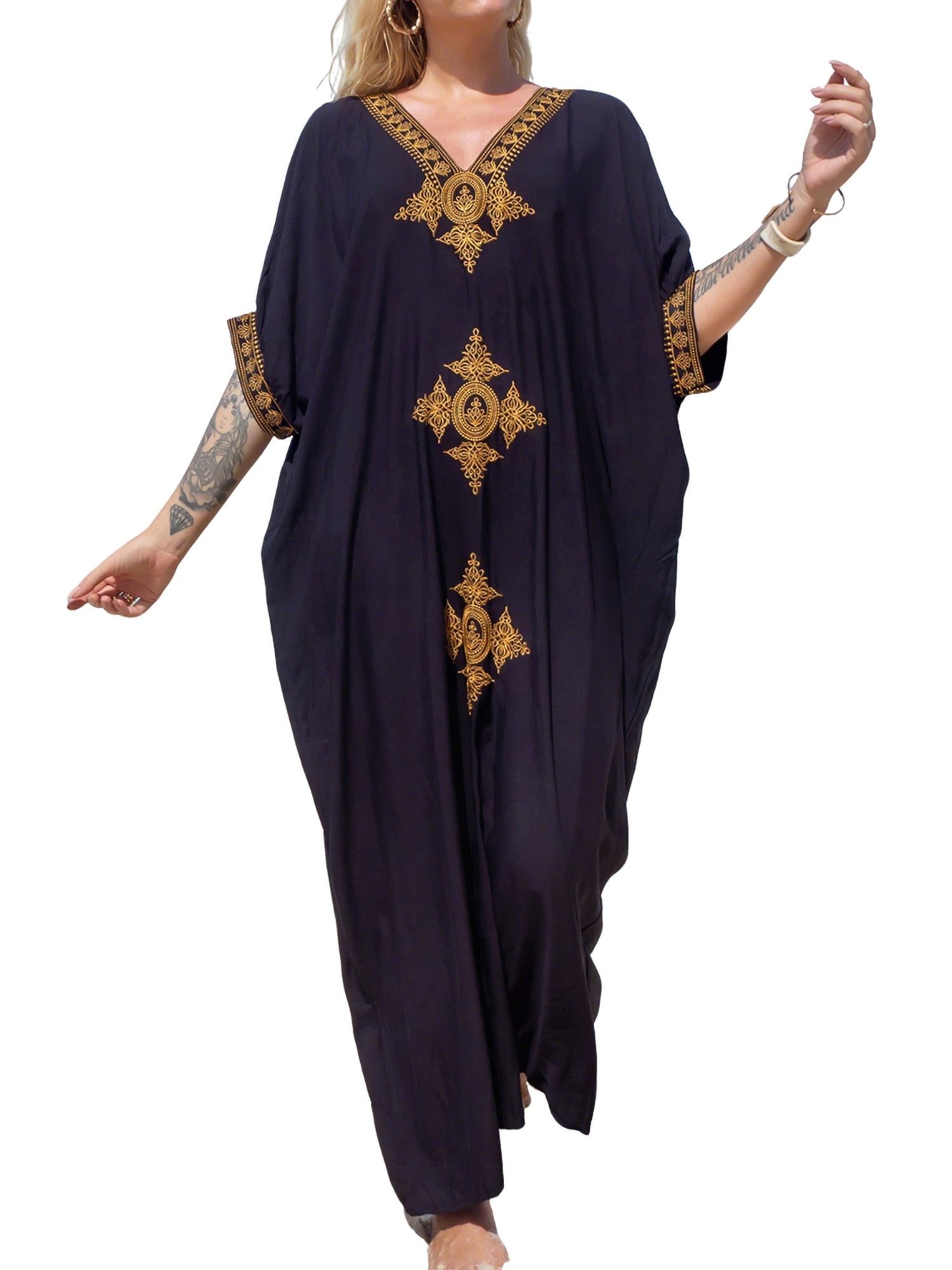 Bsubseach Long Kaftan Dresses for Women Gold Embroidery Beach Outfits ...