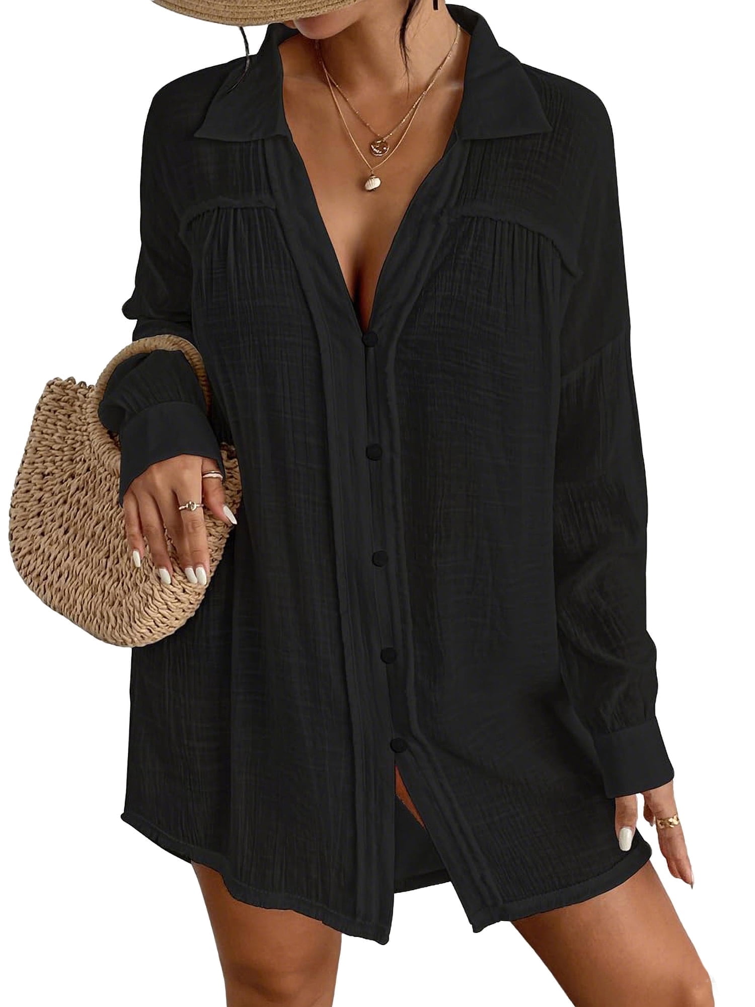 Bsubseach Sheer Bathing Suit Cover Up for Women Long Sleeve Button Down ...