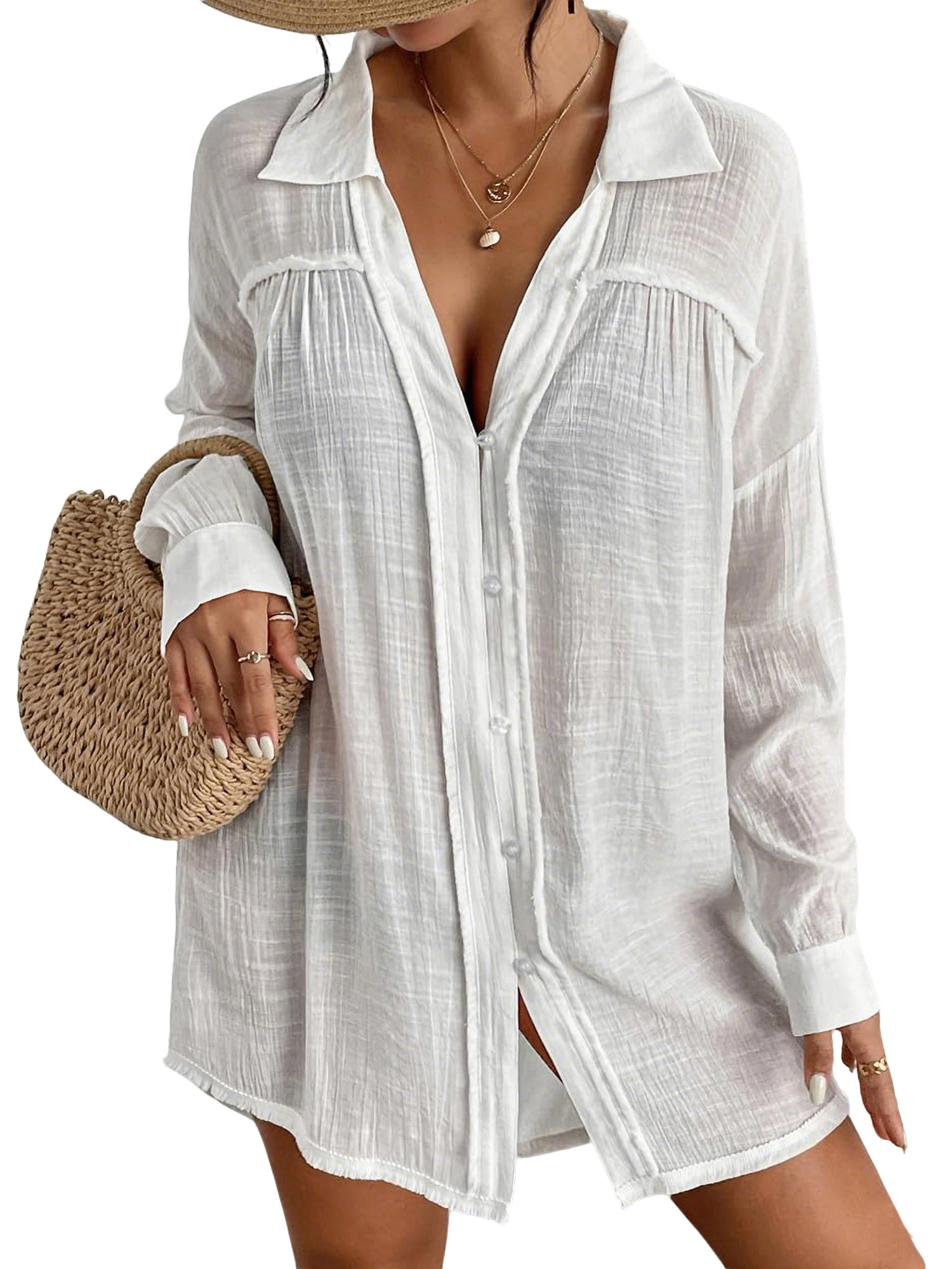 Bsubseach Sheer Bathing Suit Cover Up for Women Long Sleeve Button Down ...