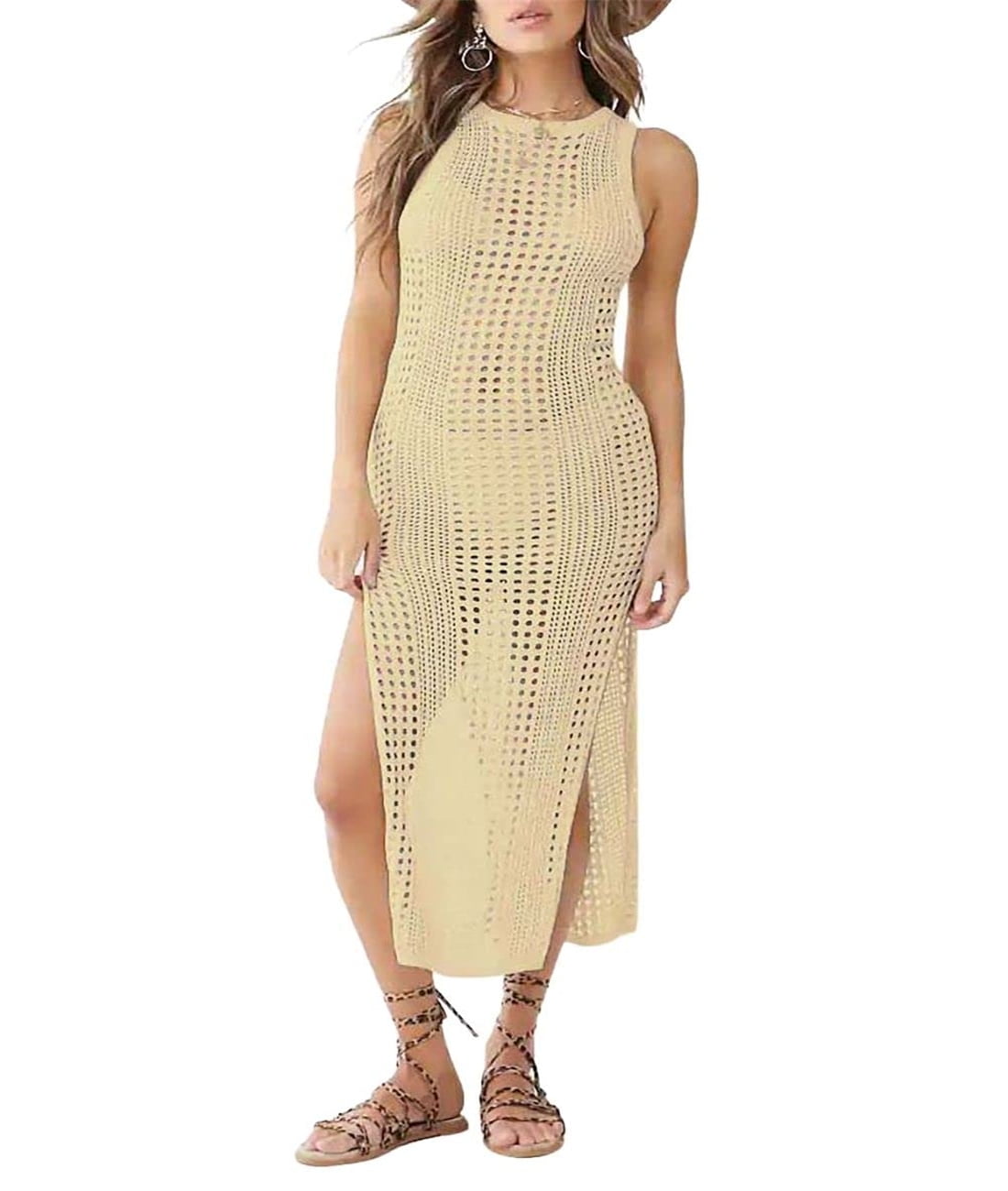 Bsubseach Women Beach Cover Up Crochet Hollow Out Sleeveless Bikini