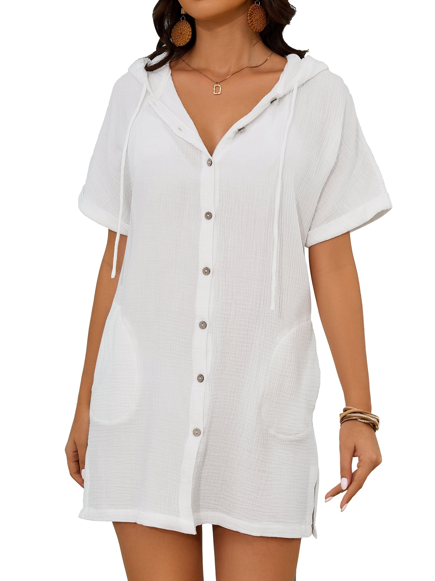 Bsubseach Women Cotton Swimsuit Coverup Button Down Dress Short Sleeve ...