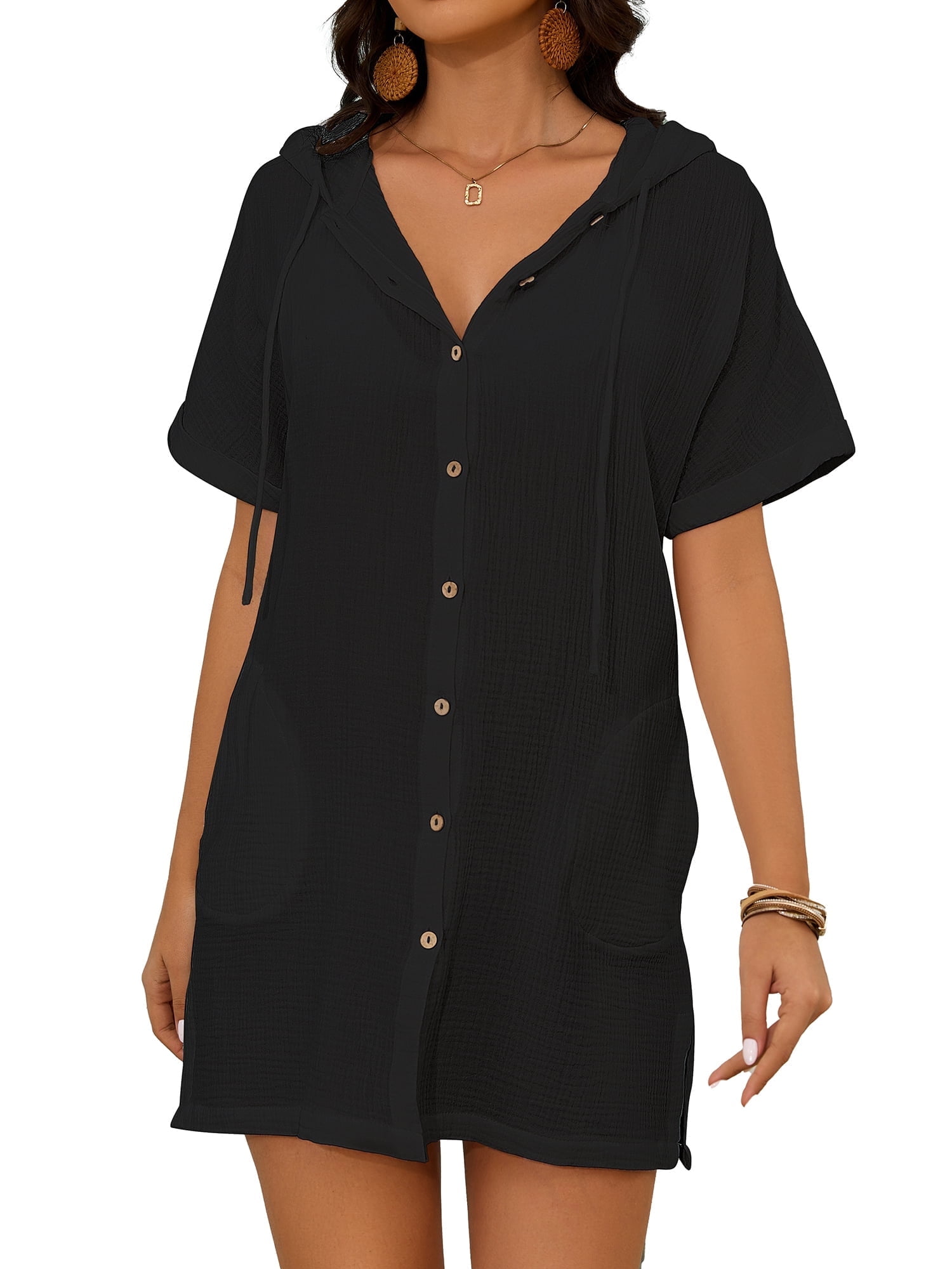 Bsubseach Women Cotton Swimsuit Coverup Button Down Dress Short Sleeve ...