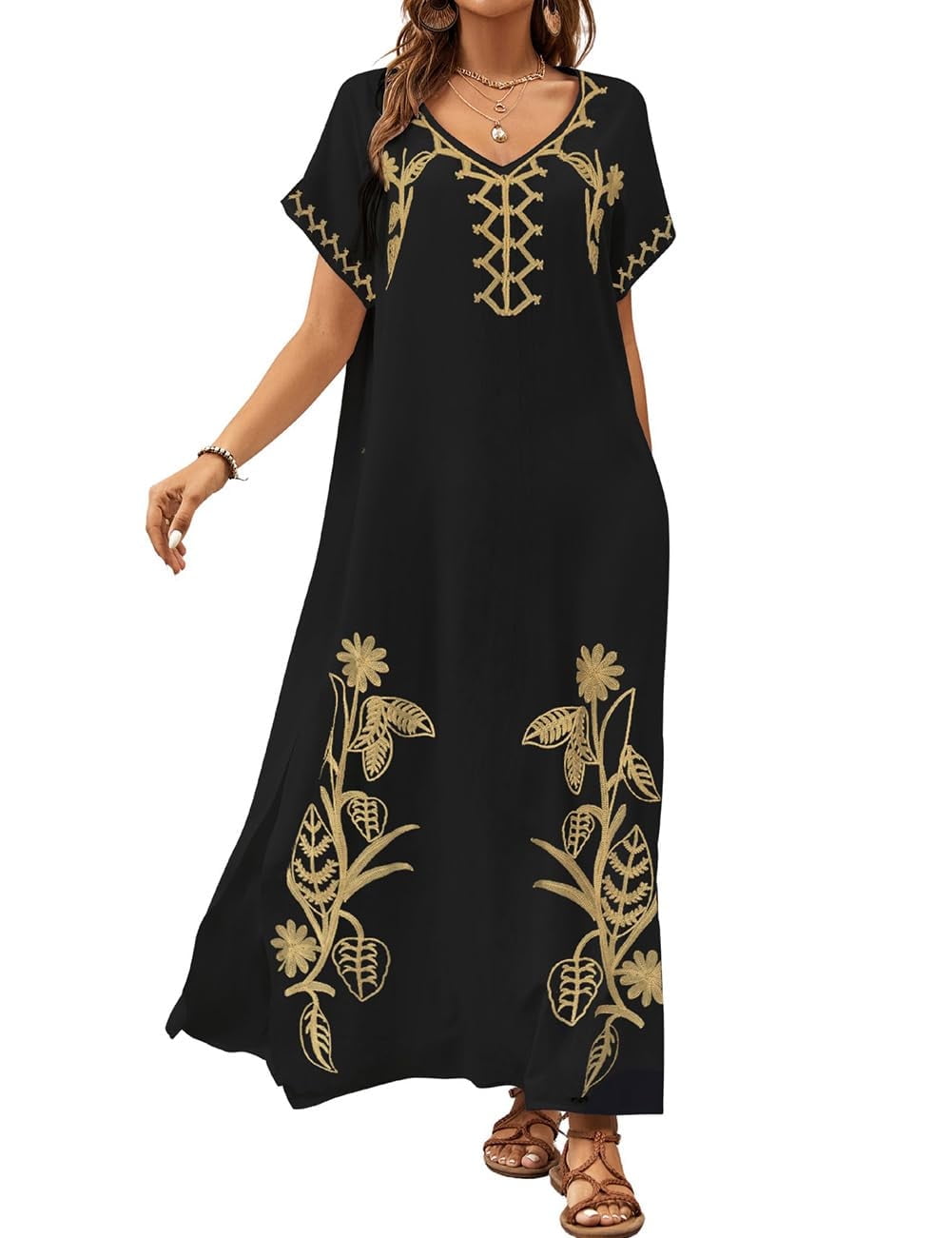 Bsubseach Women Embroiderede Kaftan V Neck Long Bathing Suit Cover up ...