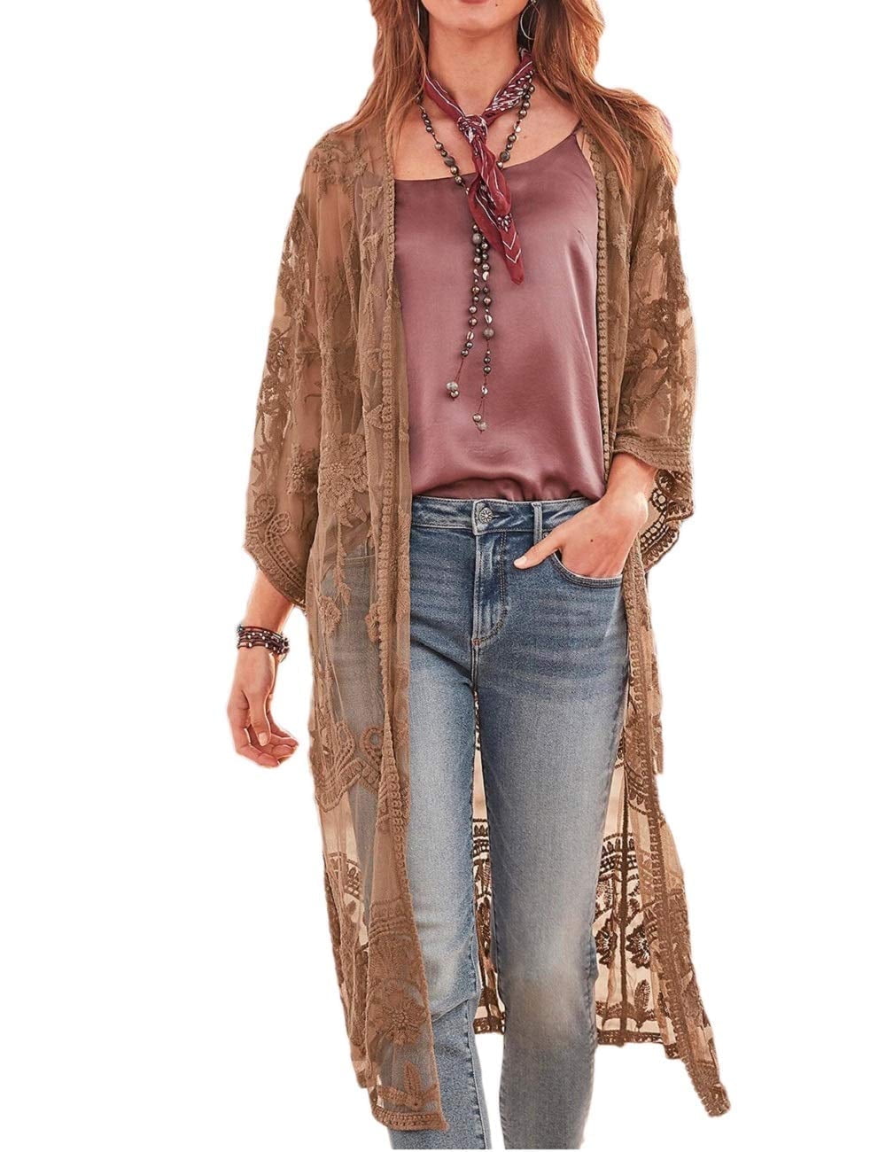 Bsubseach Women's Long Sheer Sun Swim Coverup, Mesh Lace Kimono ...