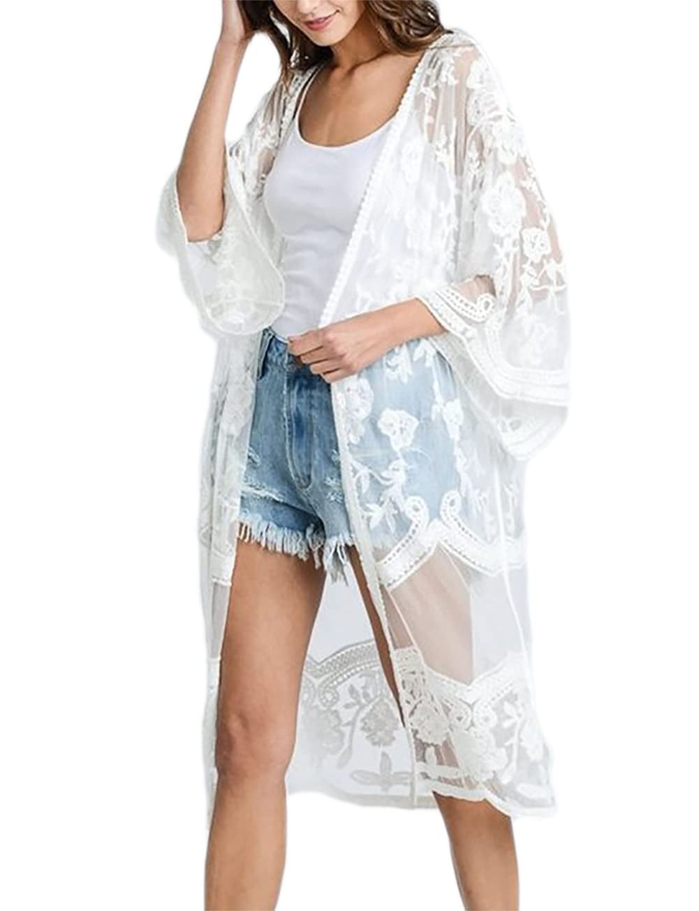 Bsubseach Womens Sheer Long Swim Cover Ups Mesh Lace Beach Kimono