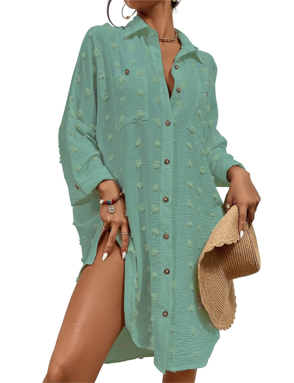 Bsubseach Women's Summer Pool Cover Up, Long Sleeve Button Down Beach Dress - Walmart.com