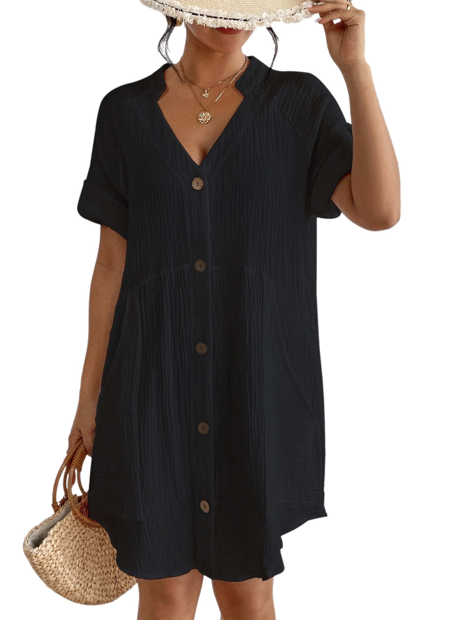 Bsubseach Women's V-Neck Beachwear, Black Button Down Bikini Cover Up ...