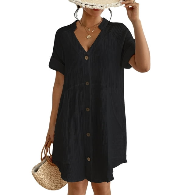 Bsubseach Women's V-Neck Beachwear, Black Button Down Bikini Cover Up ...