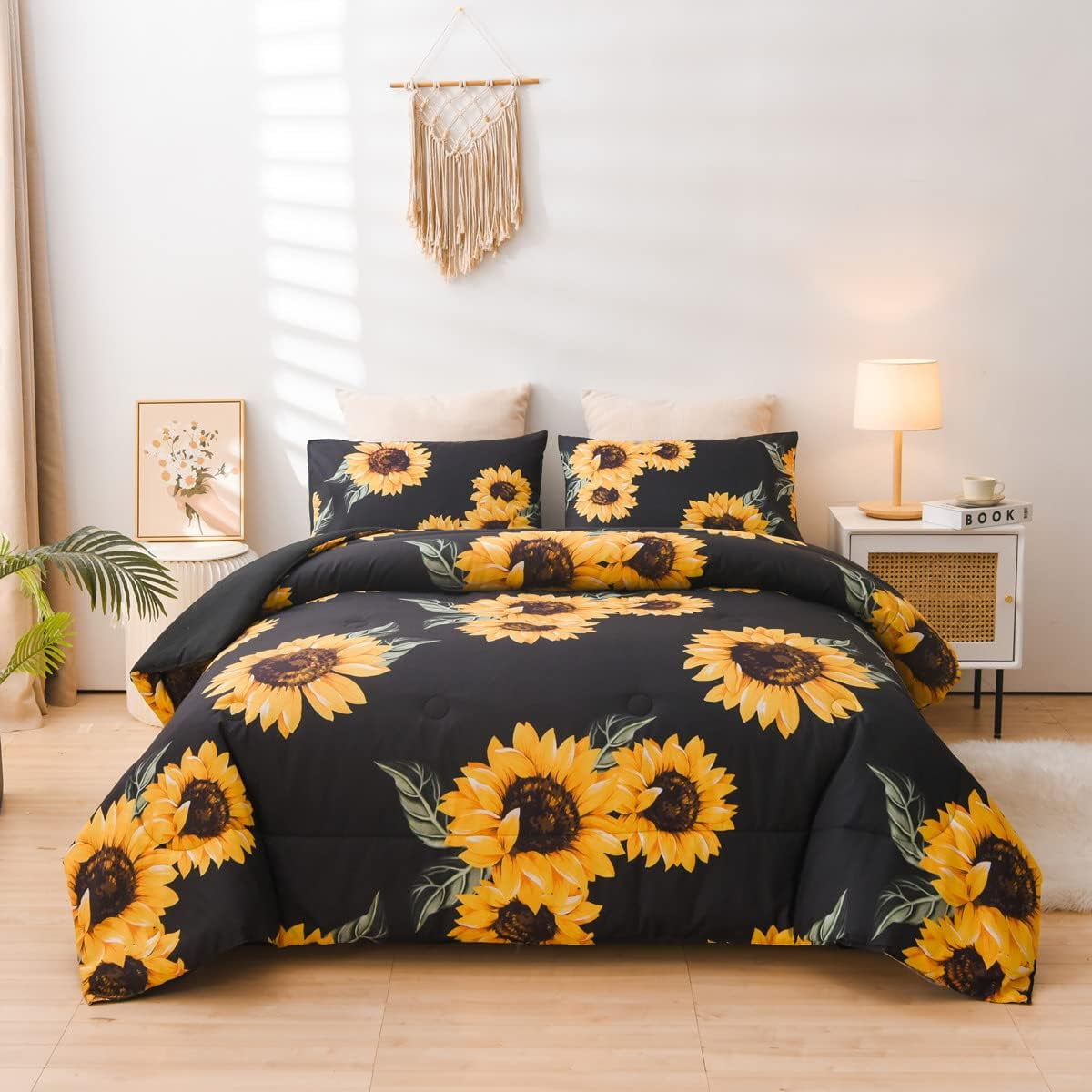 Btargot Black 3Pcs Sunflower Comforter Set, Microfiber Floral Bedding ...