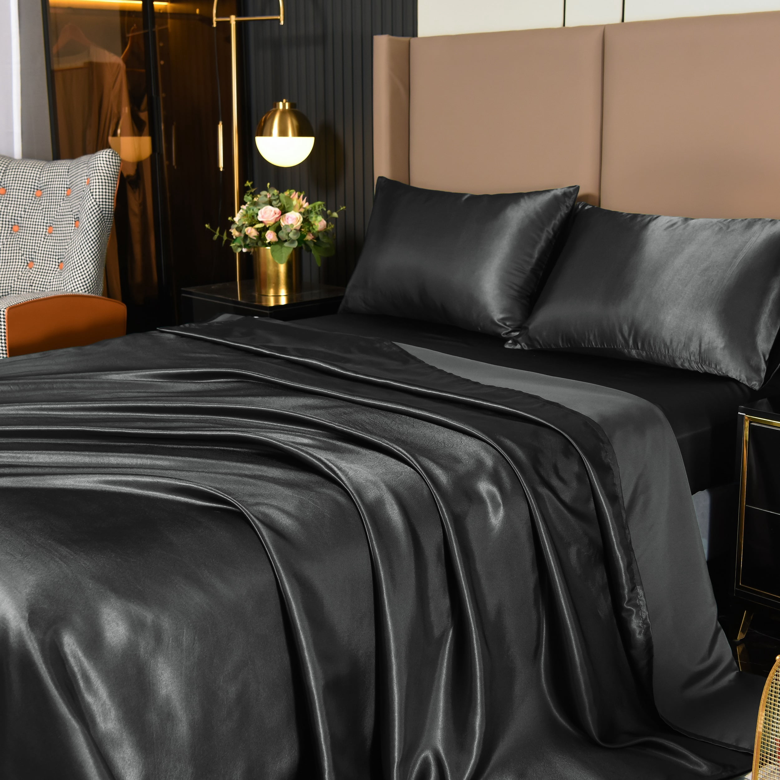 "Btargot Queen Size 4Pcs Black Satin Sheets Set, 13"" Deep Pocket Ultra ...
