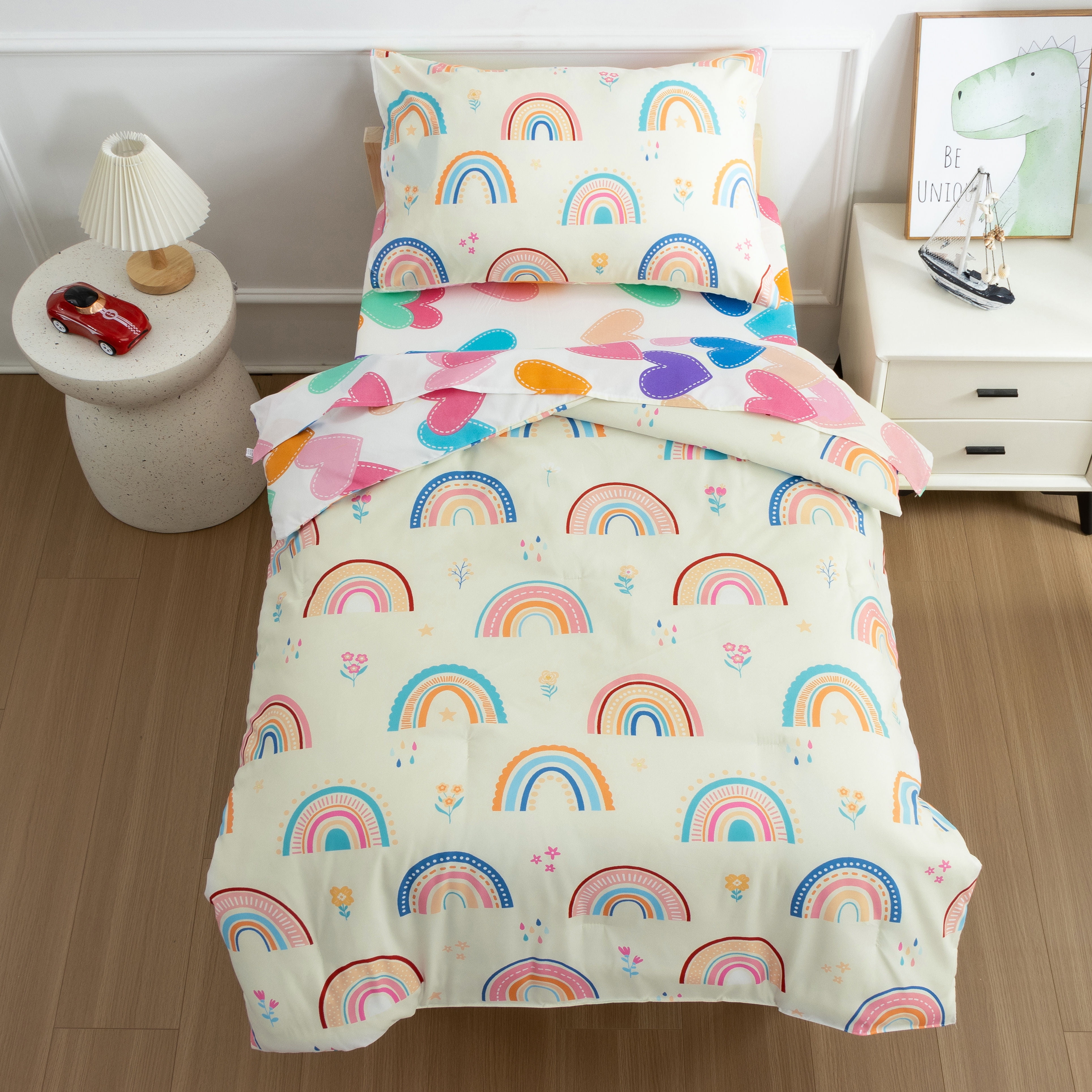 Btargot 4pc Rainbow Toddler Bedding Set Colorful Cartoon Love Hearts ...