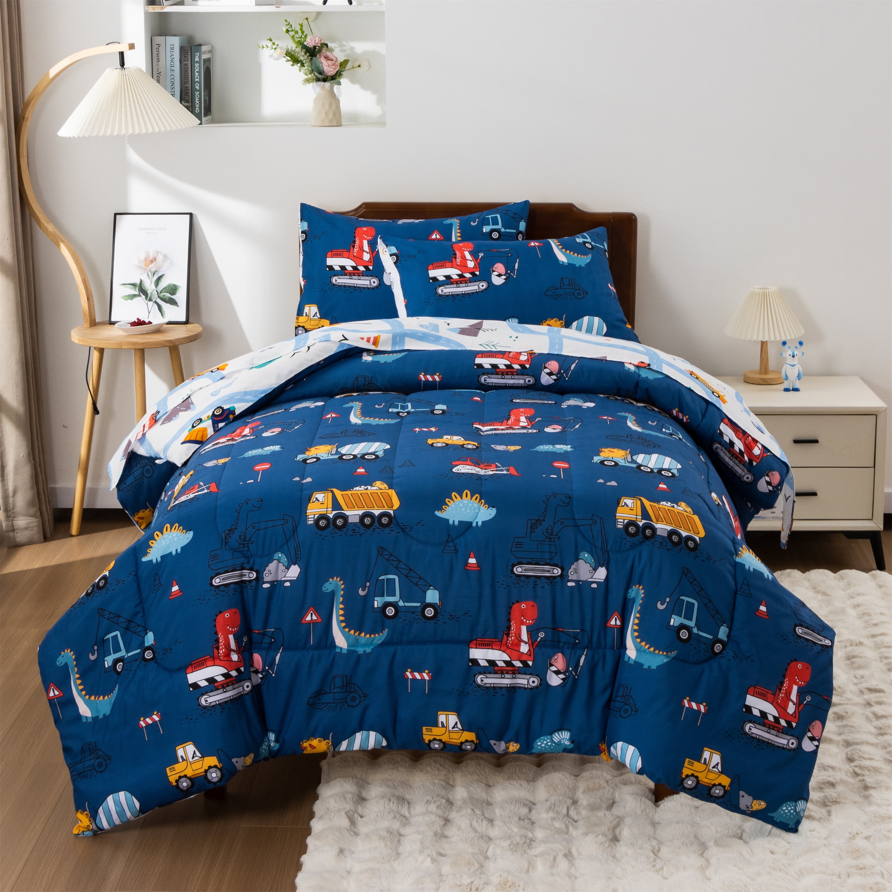 Btargot 5PCS Reversible Blue Dinosaur Construction Trucks Comforter Set ...