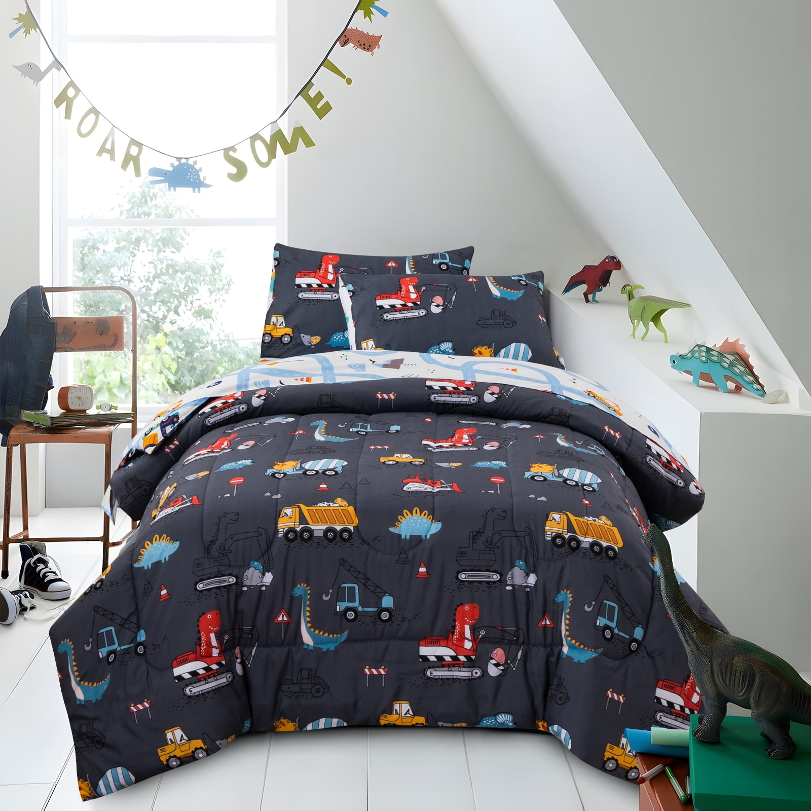 Btargot 5PCS Gray Dinosaur Car Comforter Set Twin Construction Trucks ...