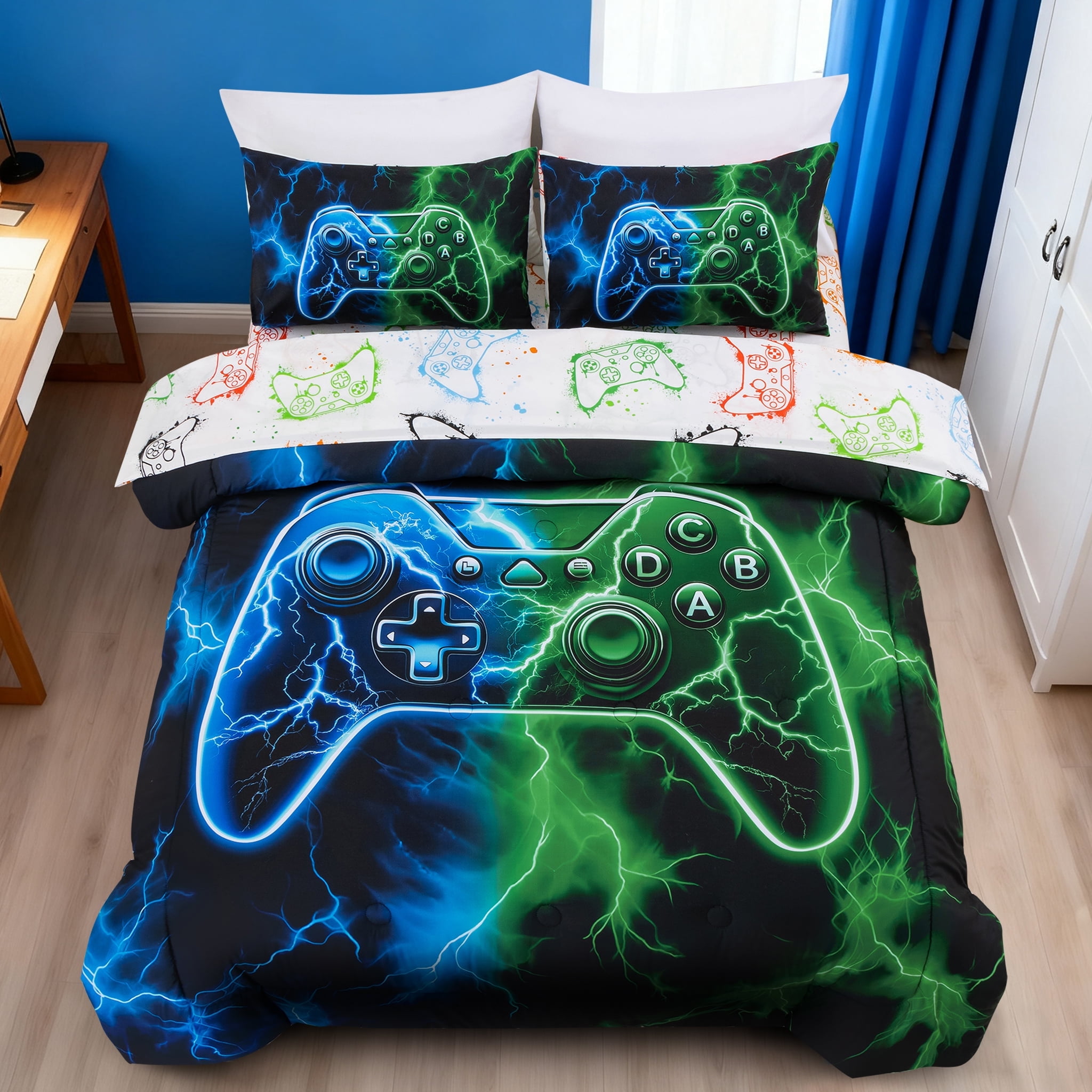 Btargot 5 Piece Lighting Gaming Boy Comforter Set Twin Blue Green Game ...