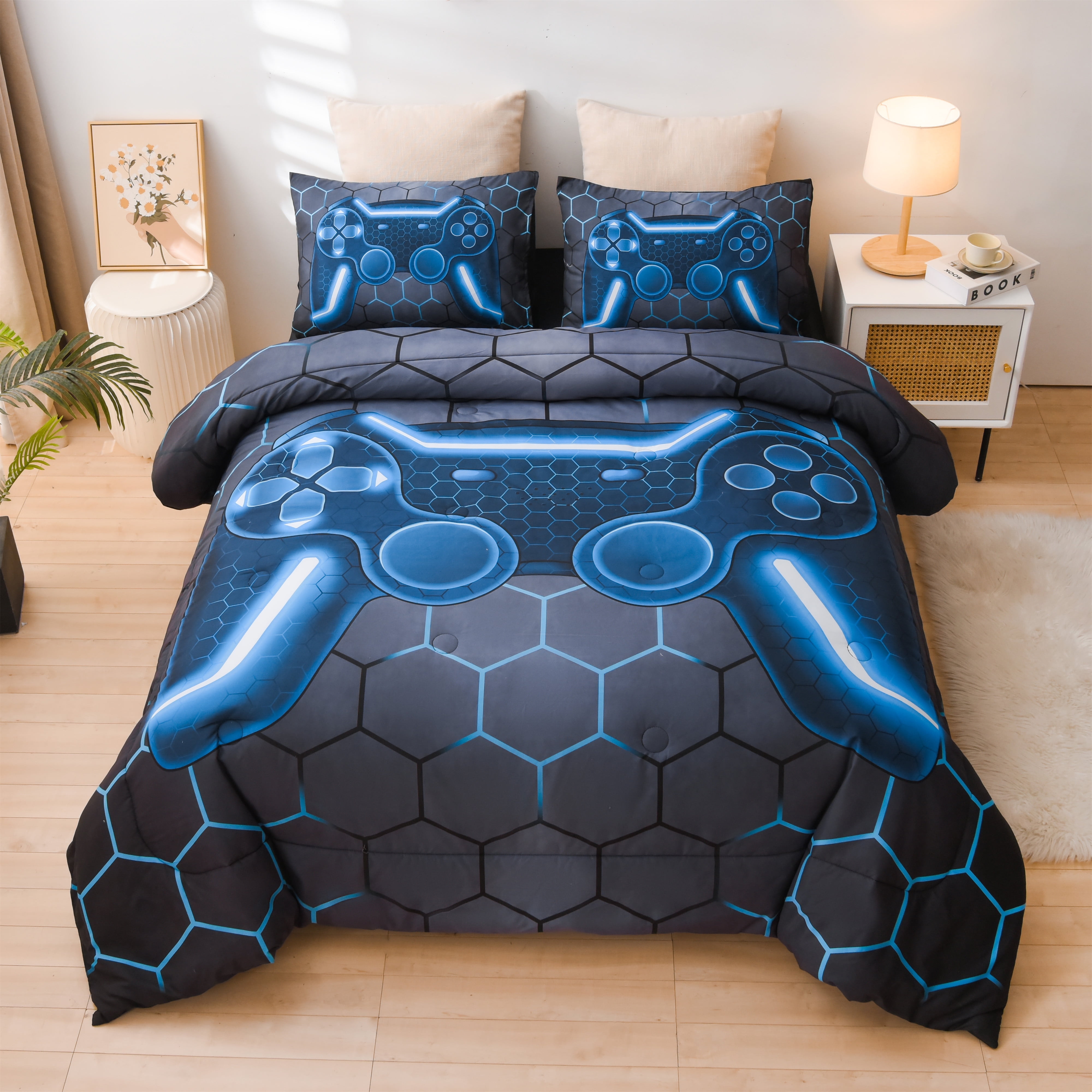 Btargot 5Pcs Gaming Geometric Twin Comforter Set, Blue, Sheets, Pillow ...