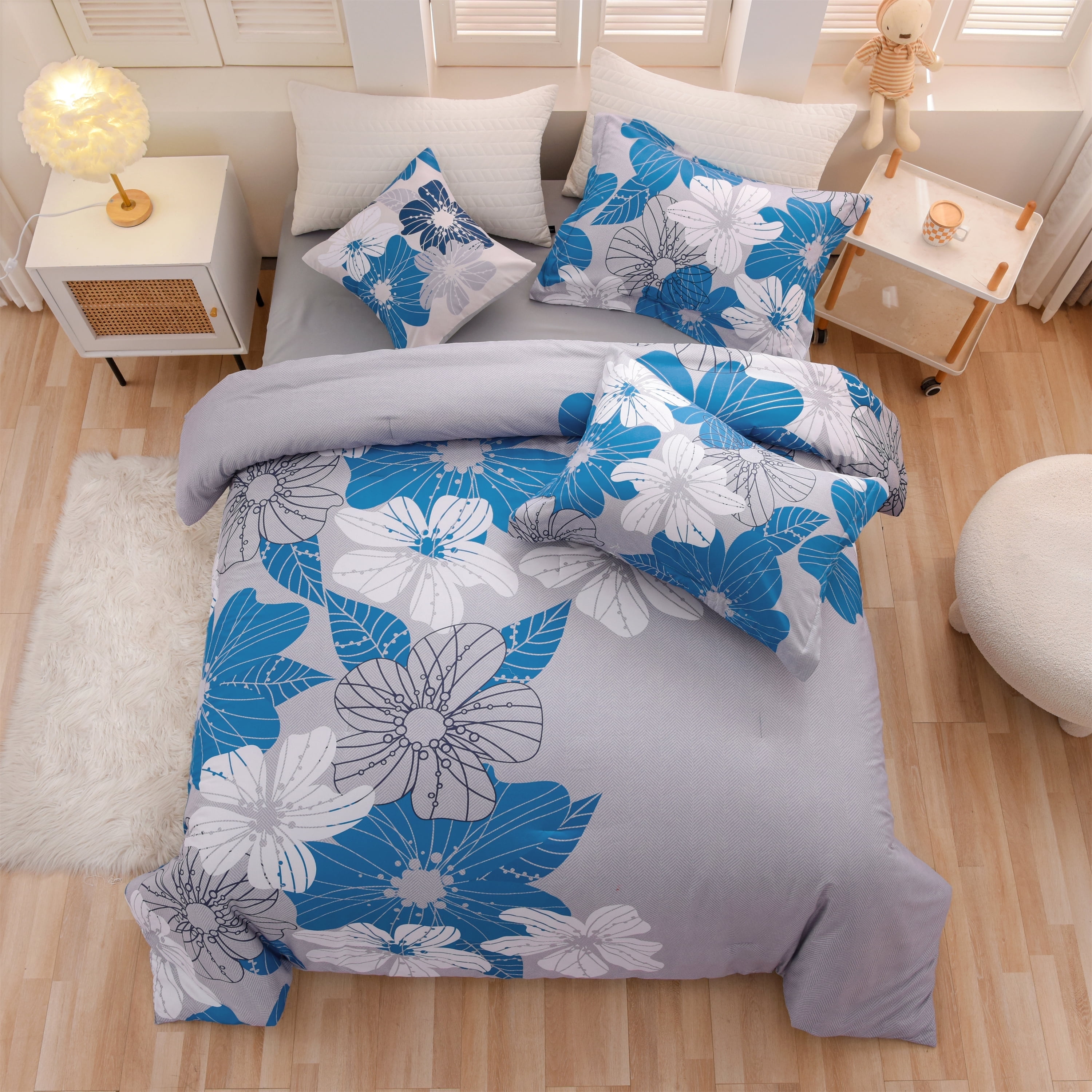 Btargot 6PCS Bed-in-a-Bag Queen Blue Flower Comforter Set Adult Soft ...
