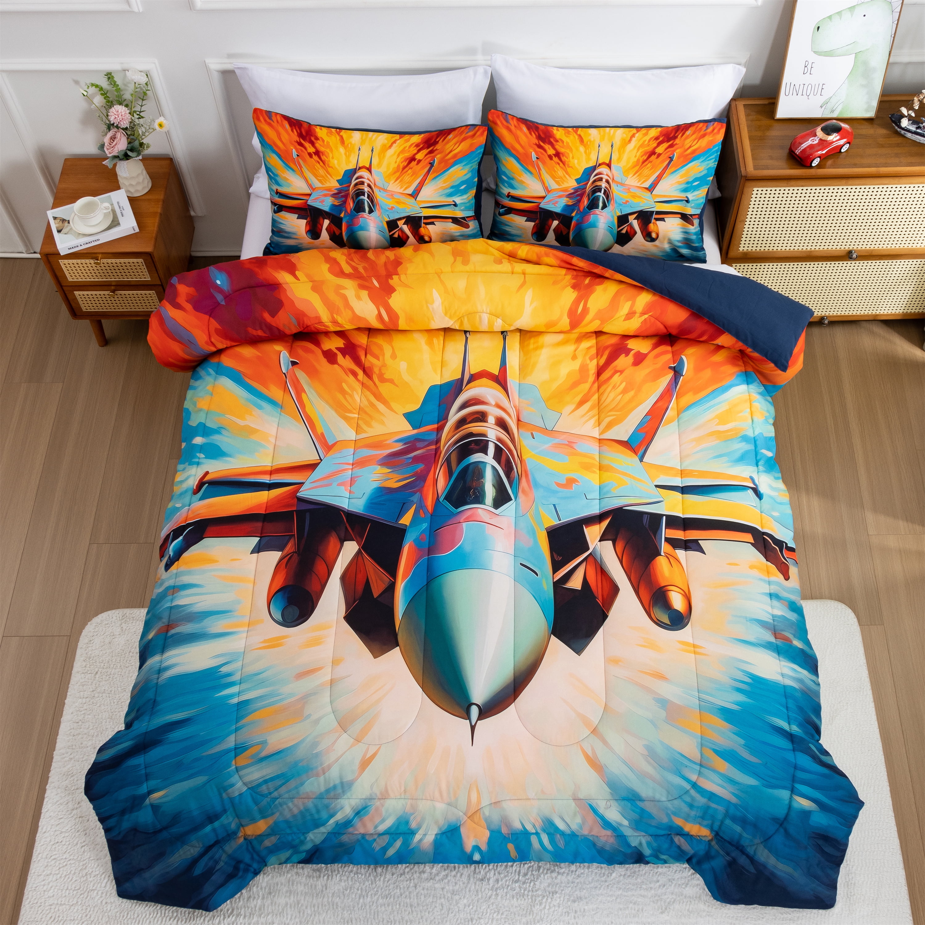 Btargot Camo Airplane Comforter Set Full Blue Yellow Fire Flame ...