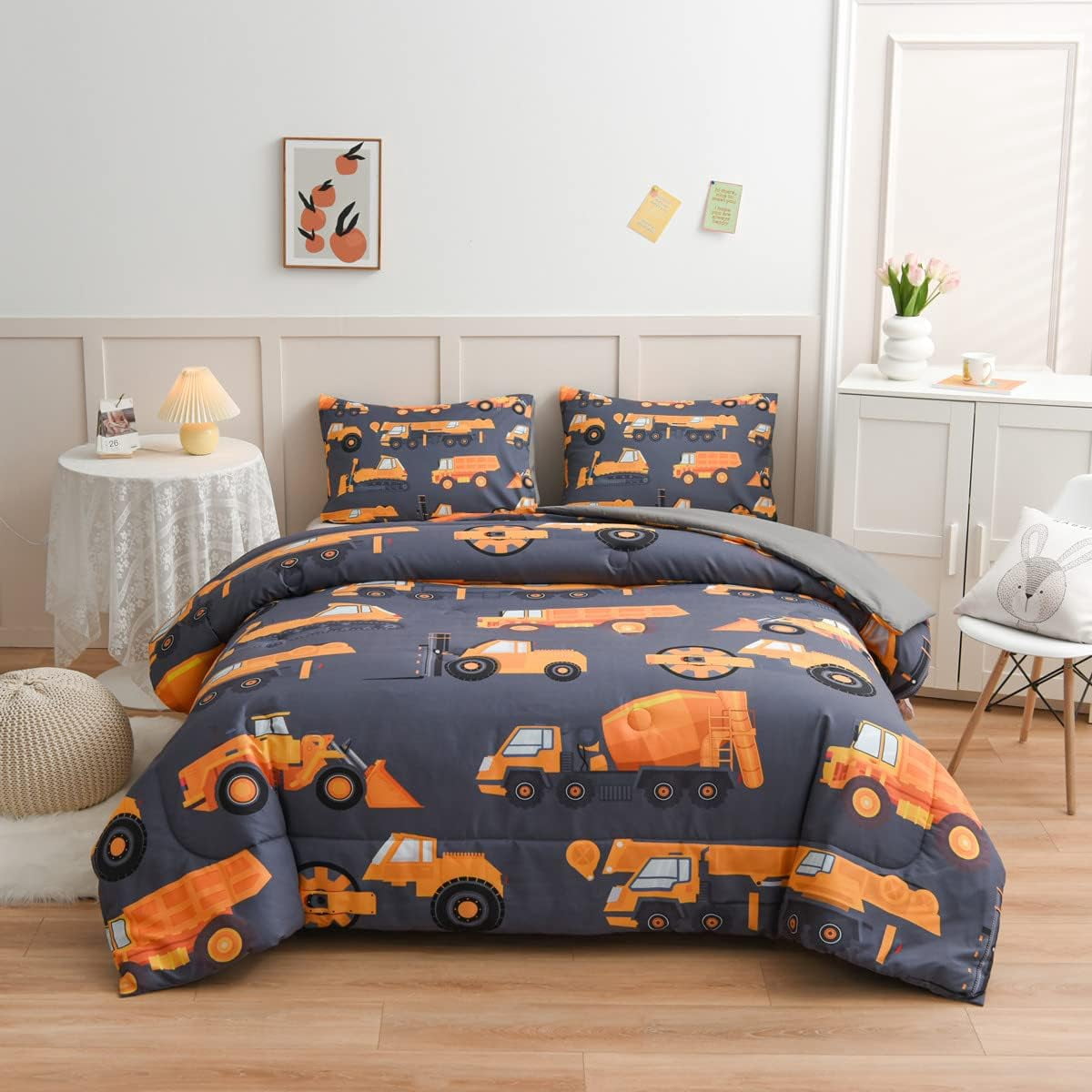 Btargot Gray Construction Truck Excavator Comforter Set Full for Boys ...