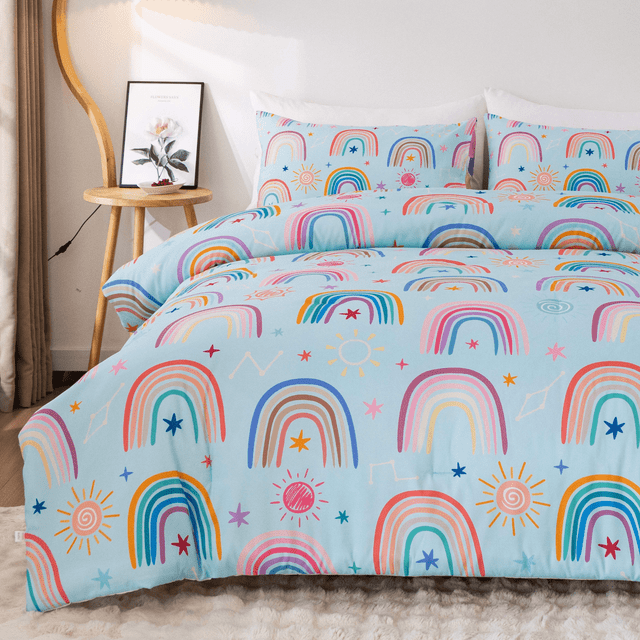 Btargot 3PCS Rainbow Queen Comforter Set Kids Blue Rainbow Sunny Girls ...