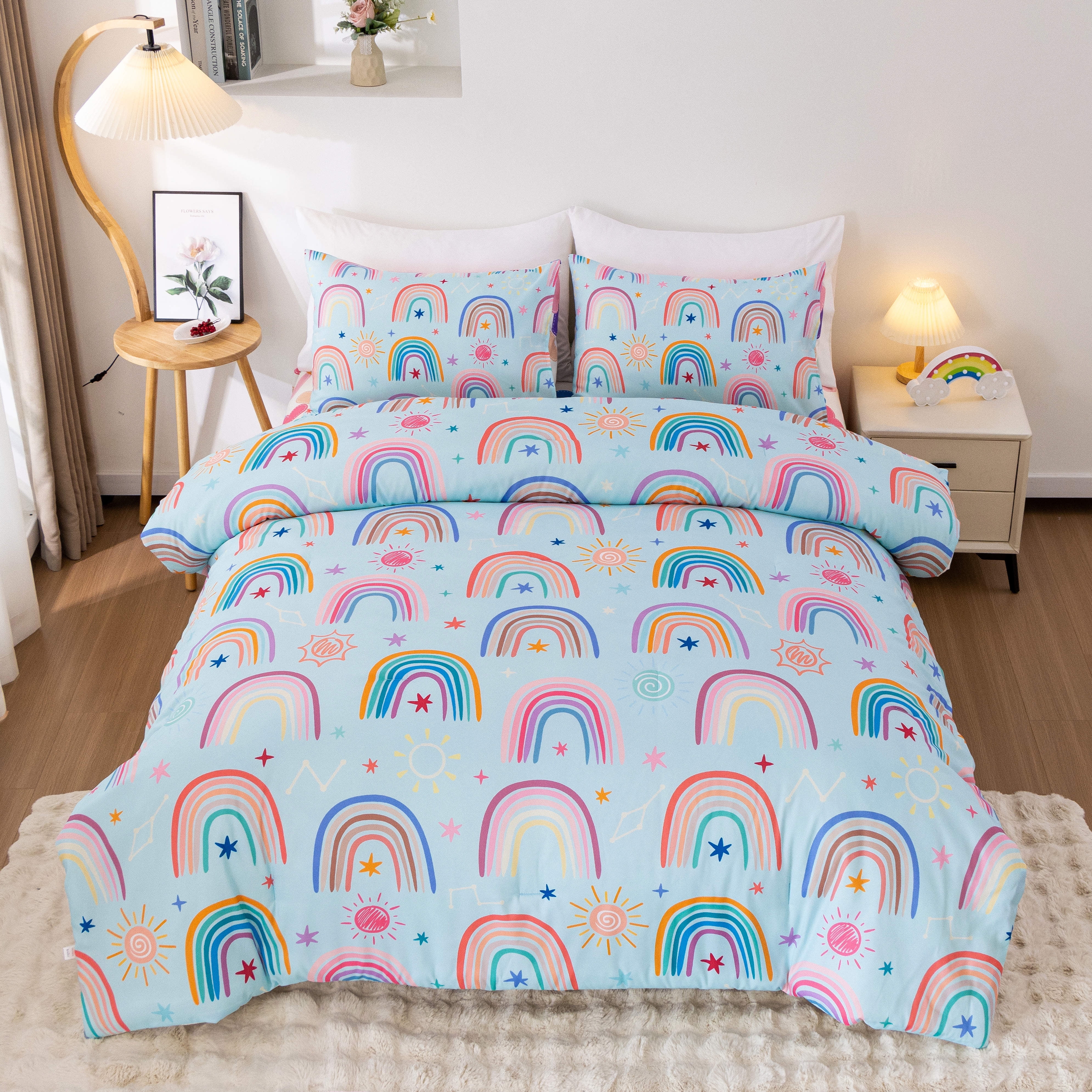 Btargot 3 Piece Blue Rainbow Comforter Set Twin for Girls Colorful Sun ...