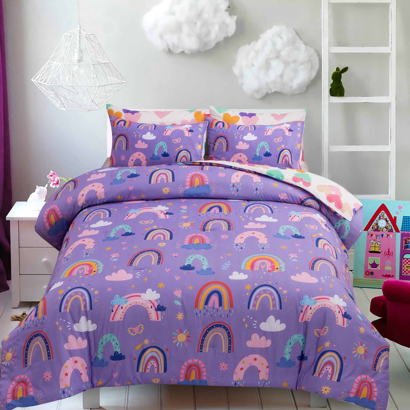 Btargot 3PC Clouds Rainbow Comforter Set Twin Girls Love Star Flower ...