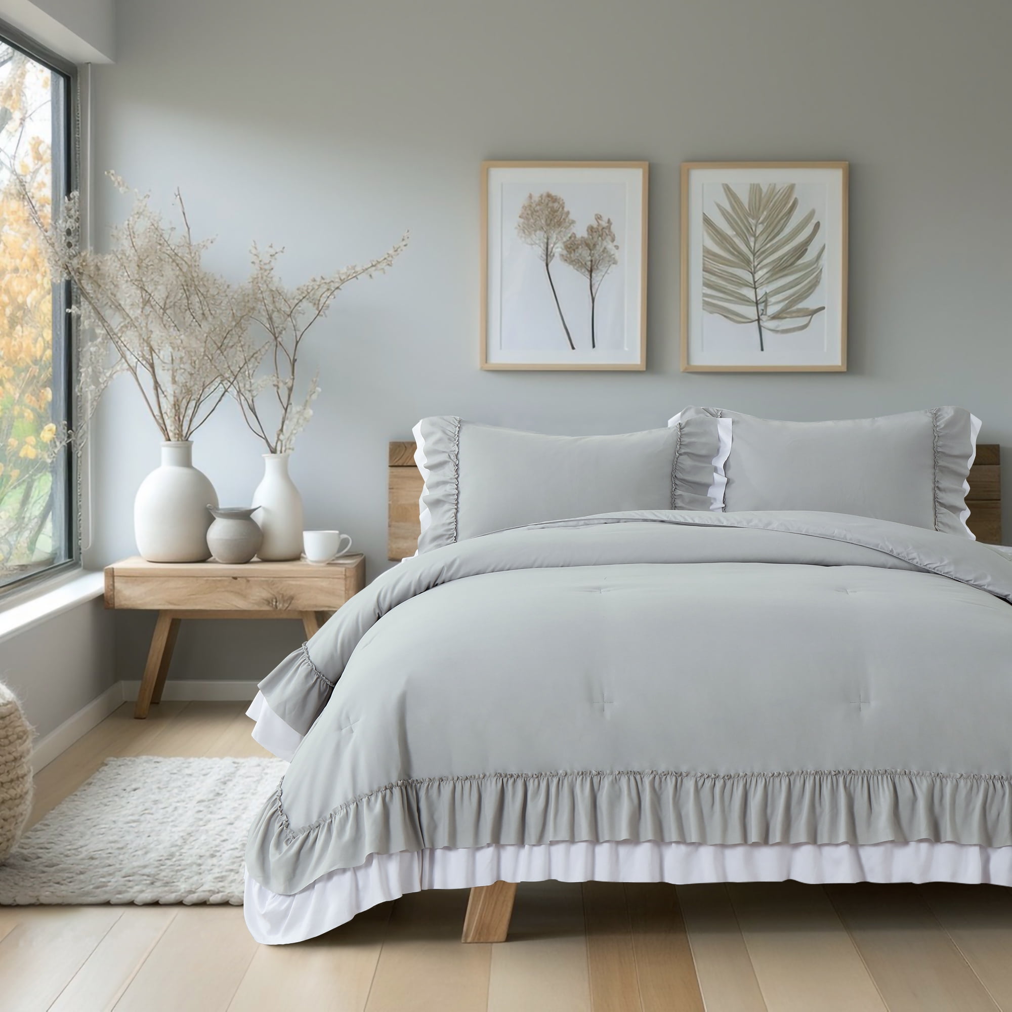 Btargot Ruffled Princess Gray Comforter Set Queen Soft Chic Double ...