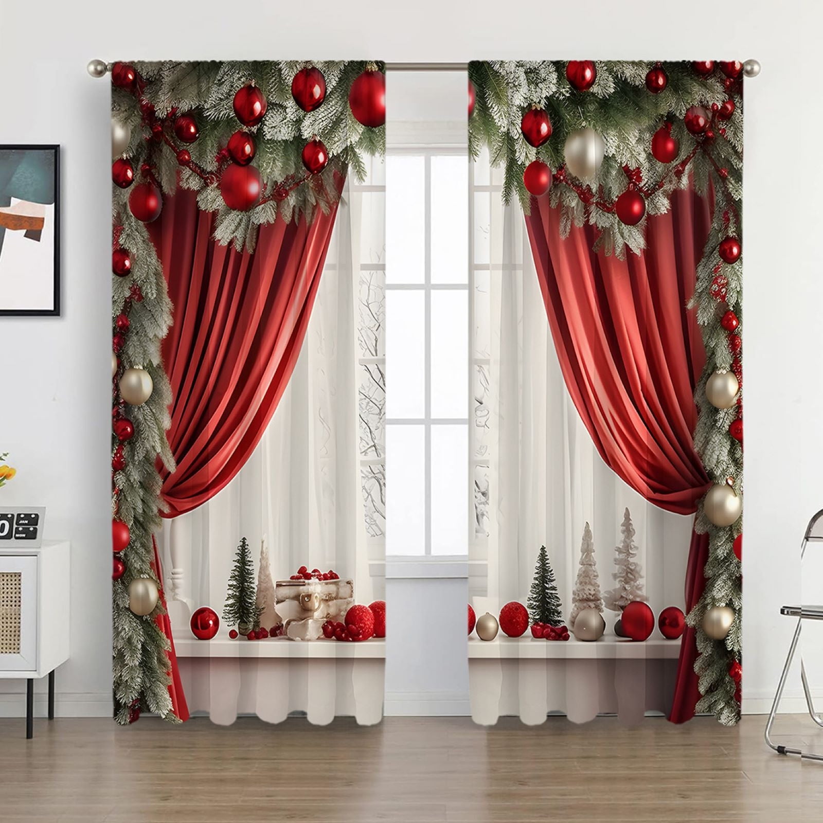 Btomtd 2pcs European Style Curtains with Christmas Print, Digitally ...